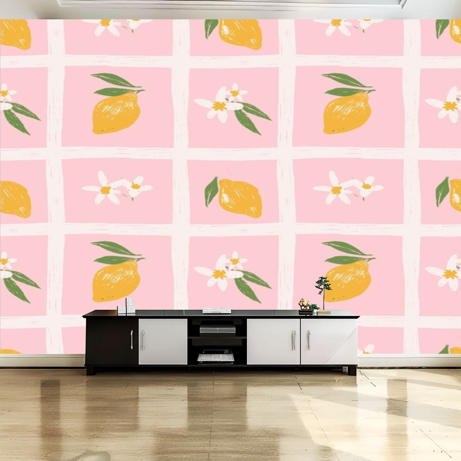 Peel and Stick Canvas Wallpaper Wall Mural Cozy checkered summer lemon ...