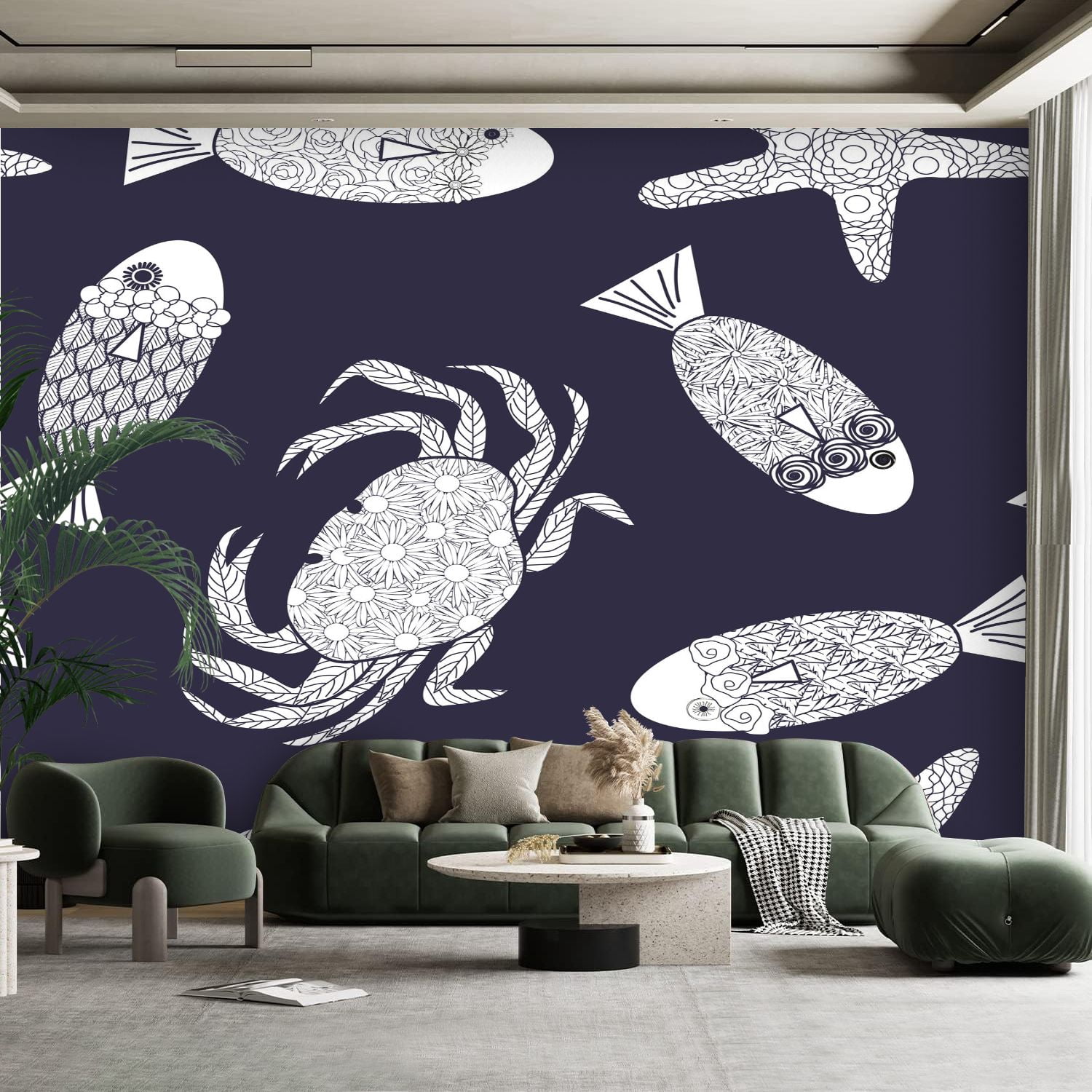 Peel and Stick Canvas Wallpaper Wall Mural Crabs Fish Starfish White ...