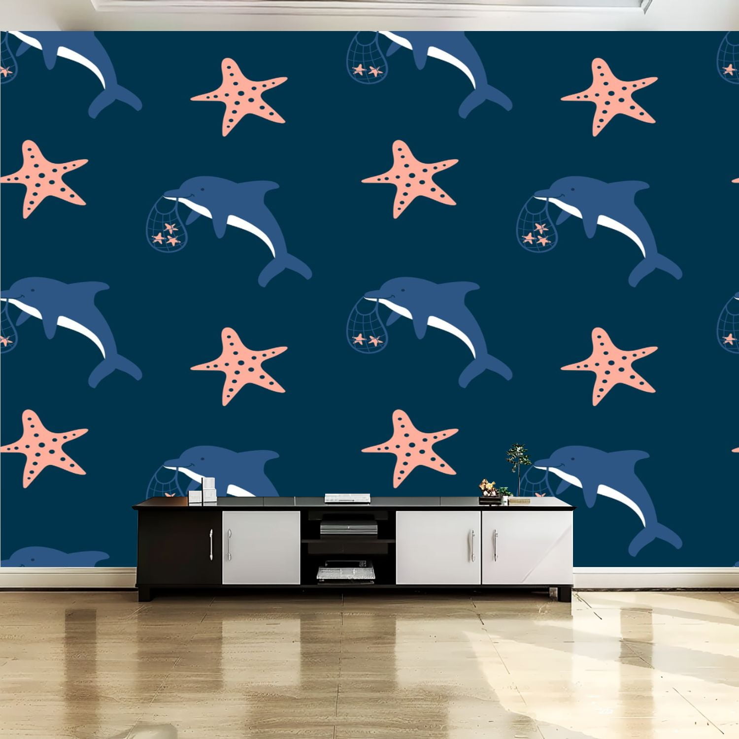 Peel and Stick Canvas Wallpaper Wall Mural Cute cartoon pattern dolphin ...