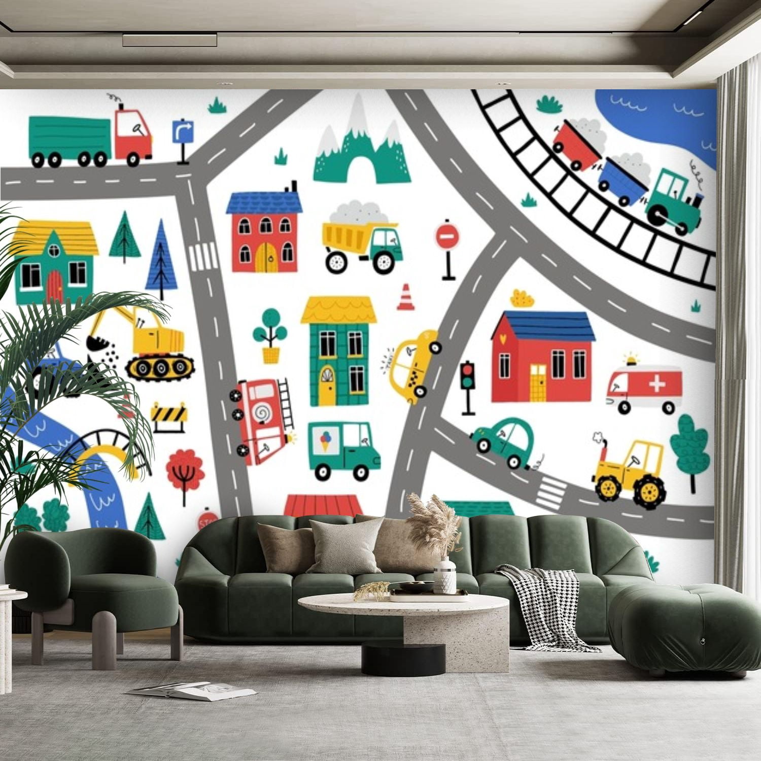 Peel and Stick Canvas Wallpaper Wall Mural Cute little town map cars ...