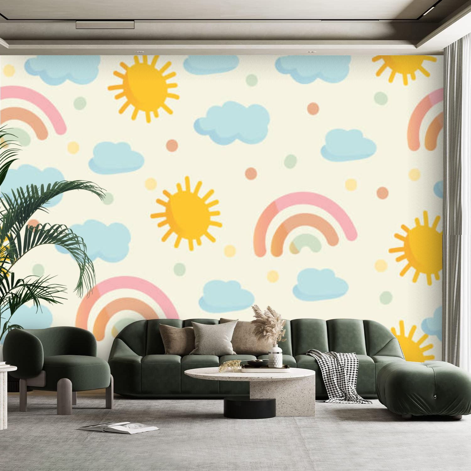 Peel and Stick Canvas Wallpaper Wall Mural Cute rainbow clouds sun dots ...