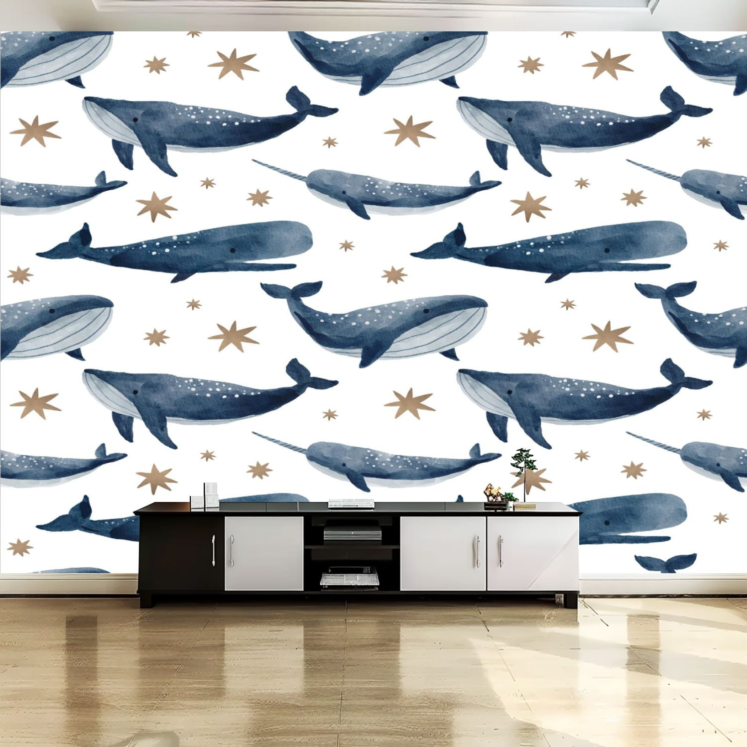 Peel and Stick Canvas Wallpaper Wall Mural Cute watercolor whale Blue whale narwhal Gold stars ...
