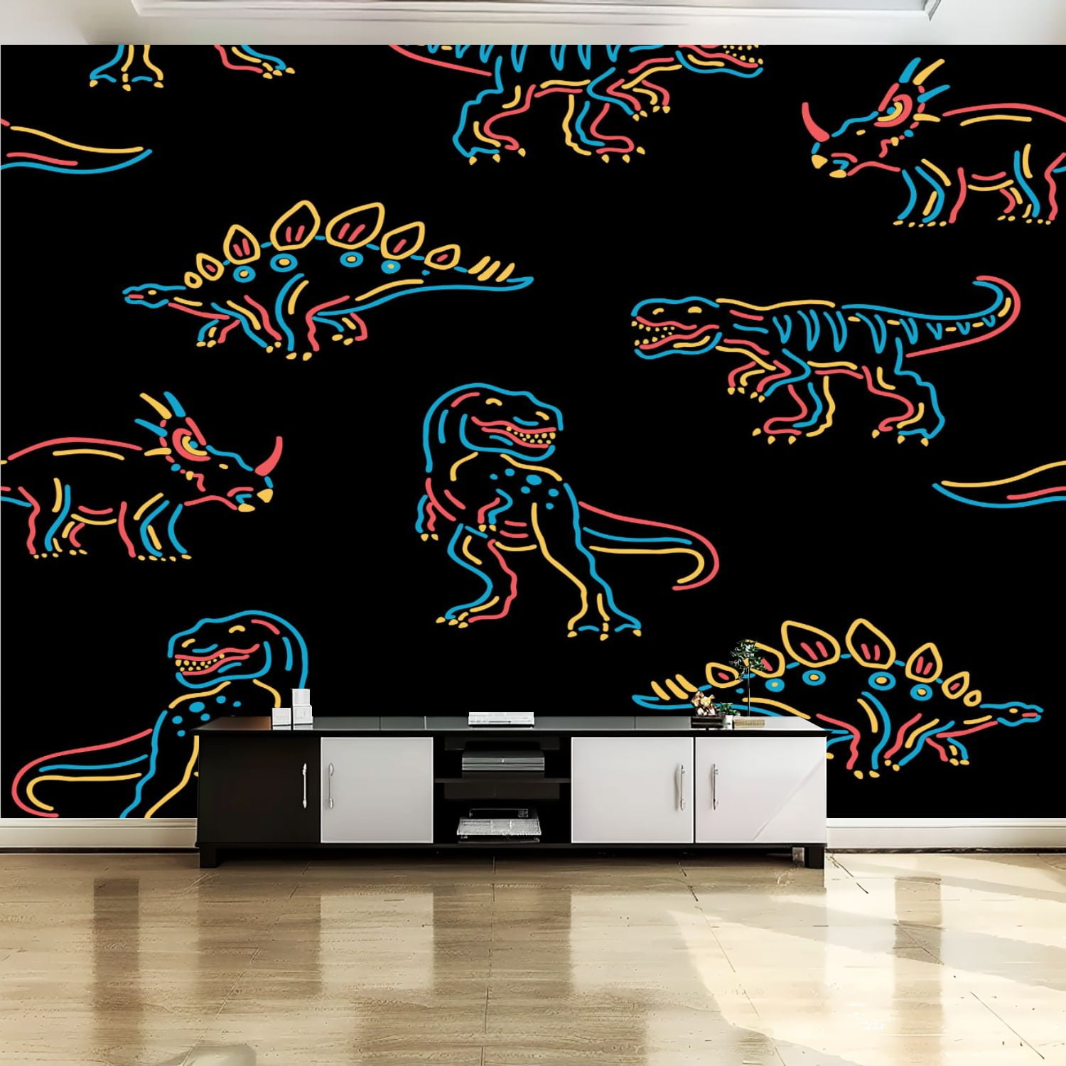 Peel and Stick Canvas Wallpaper Wall Mural Dinosaurs Seamless Pattern ...