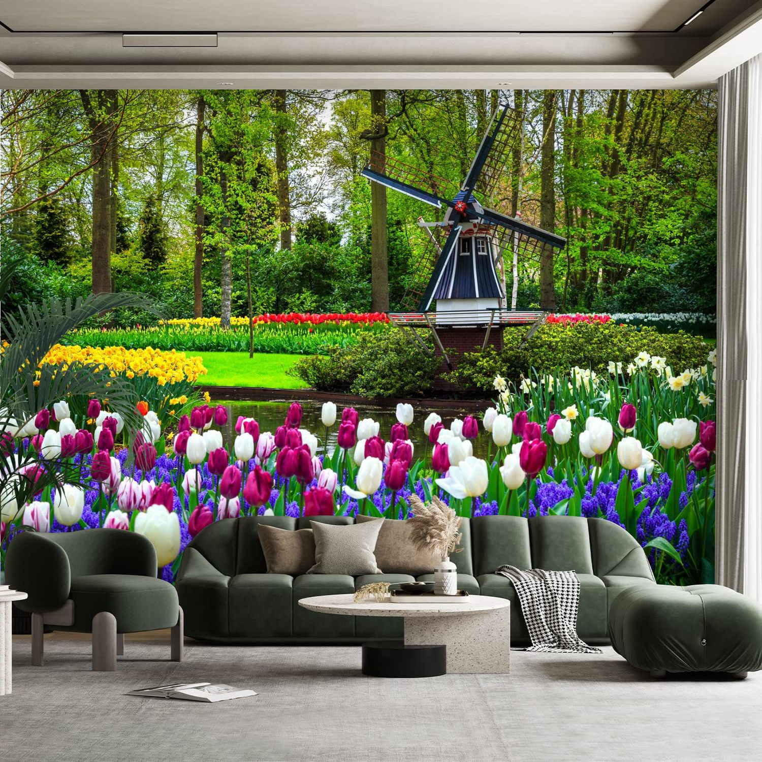 Peel and Stick Canvas Wallpaper Wall Mural Dutch windmill colorful ...