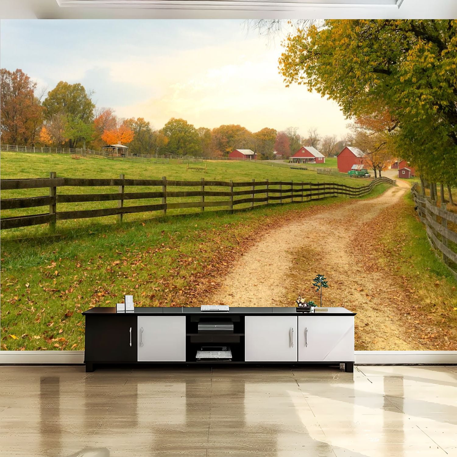 Peel and Stick Canvas Wallpaper Wall Mural Farm Autumn Fence ...