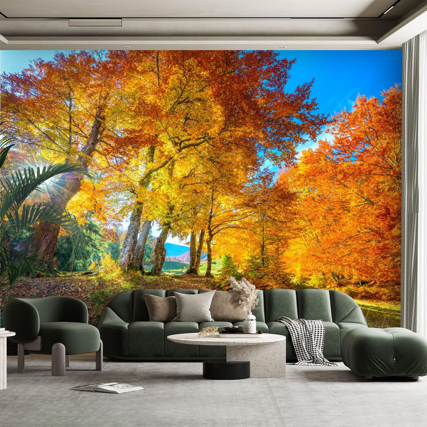 Peel and Stick Canvas Wallpaper Wall Mural Golden Autumn season forest ...
