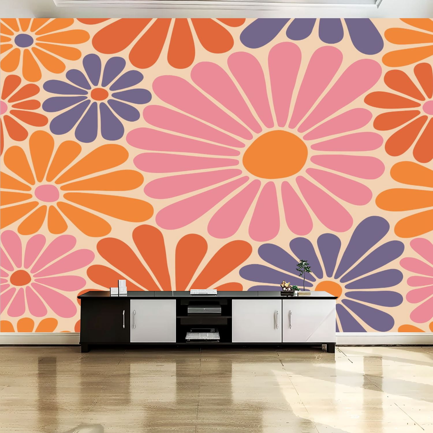 Peel and Stick Canvas Wallpaper Wall Mural Groovy Daisy Flowers ...