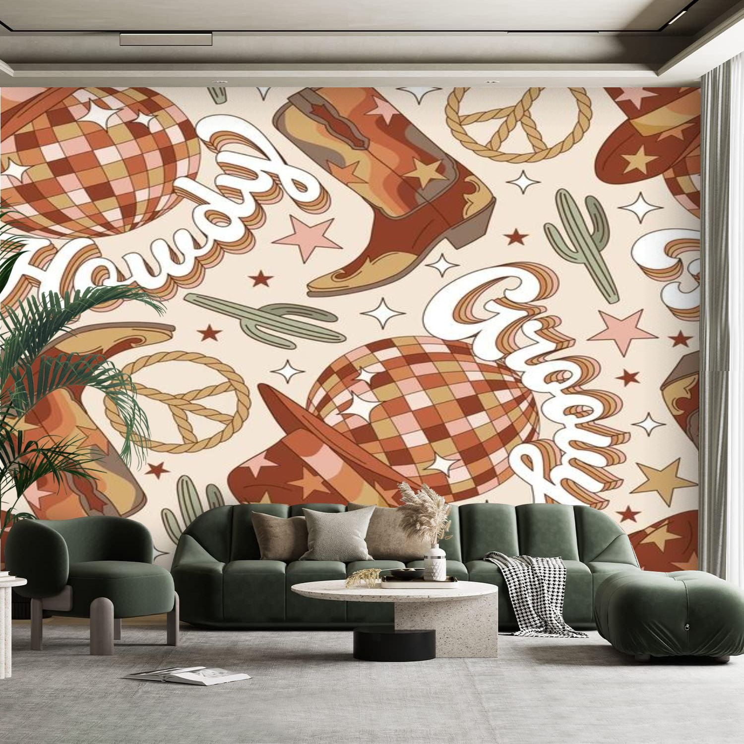 Peel and Stick Canvas Wallpaper Wall Mural Groovy howdy western disco ...