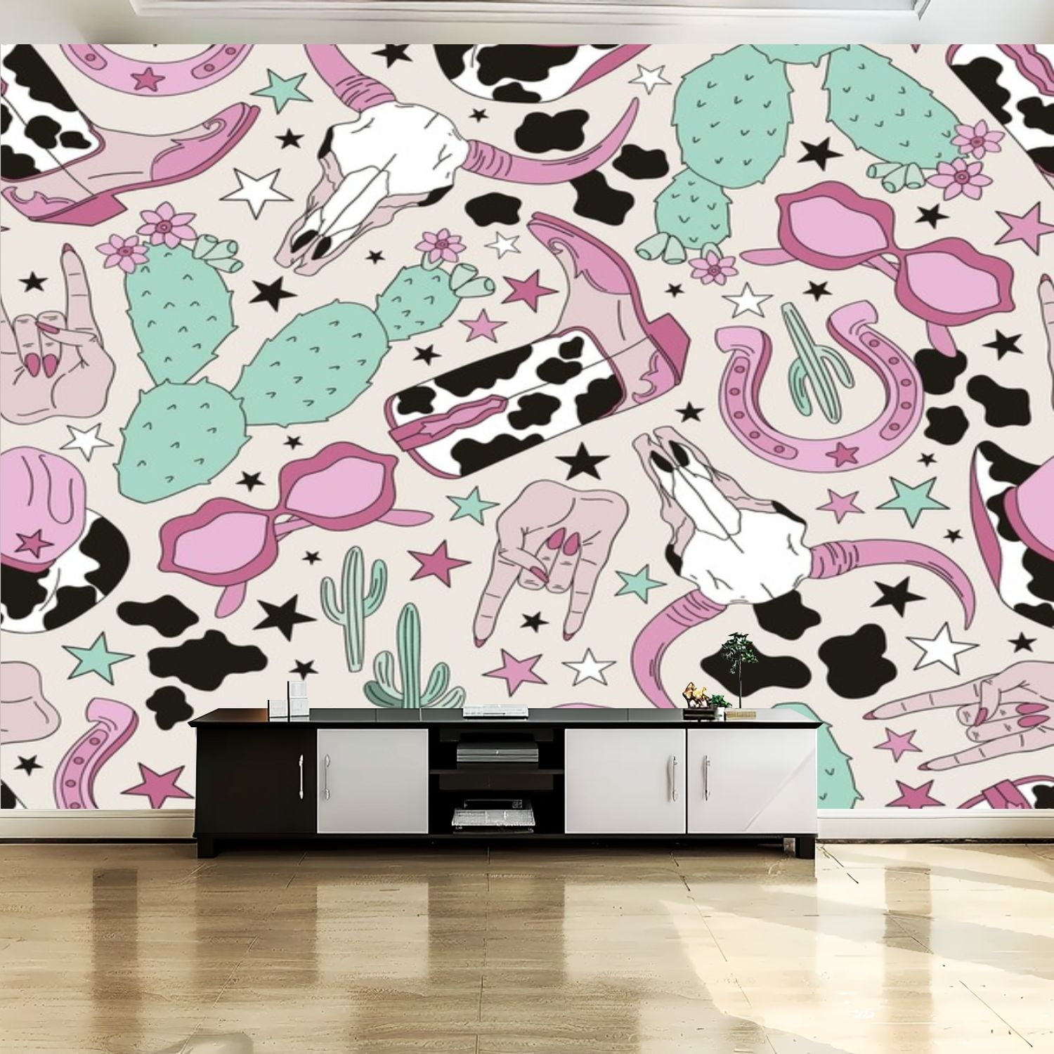 Peel and Stick Canvas Wallpaper Wall Mural Groovy wild west cowgirl ...