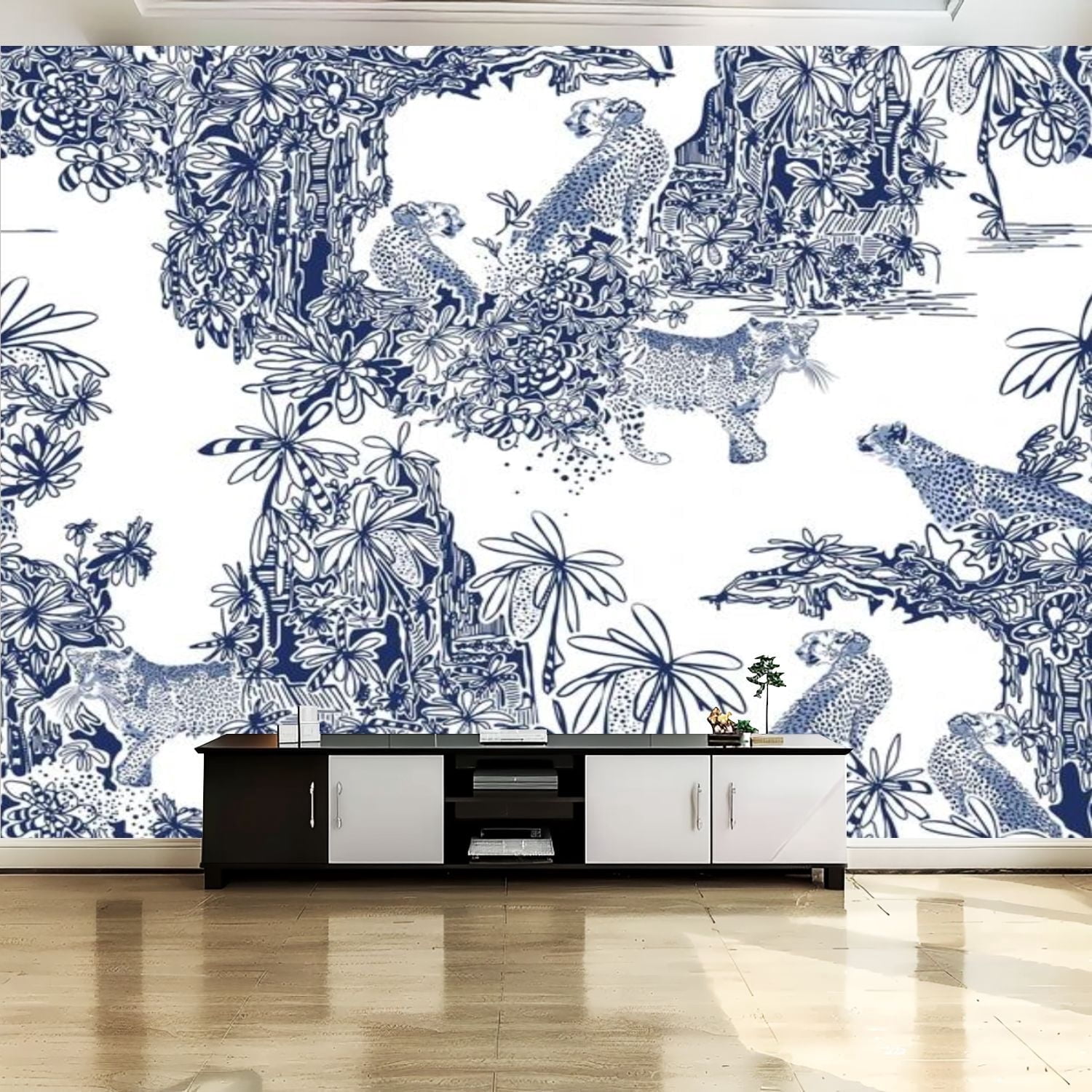 Peel and Stick Canvas Wallpaper Wall Mural Hand Draw Leopard Tropical ...