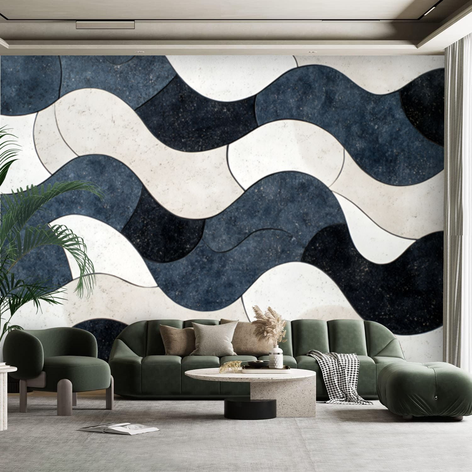Peel and Stick Canvas Wallpaper Wall Mural Hand Drawing Wave Navy Blue ...