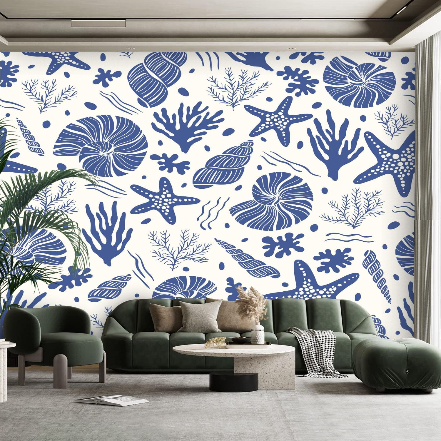 Peel and Stick Canvas Wallpaper Wall Mural Hand Drawn Sea Shells ...