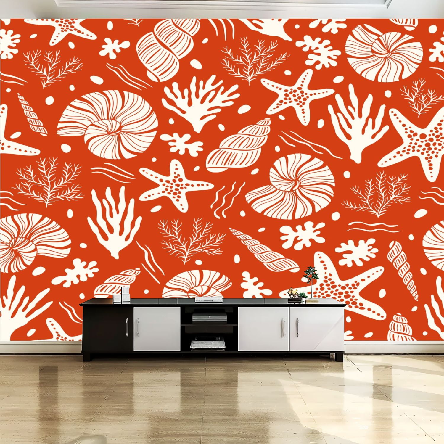 Peel and Stick Canvas Wallpaper Wall Mural Hand Drawn Sea Shells ...