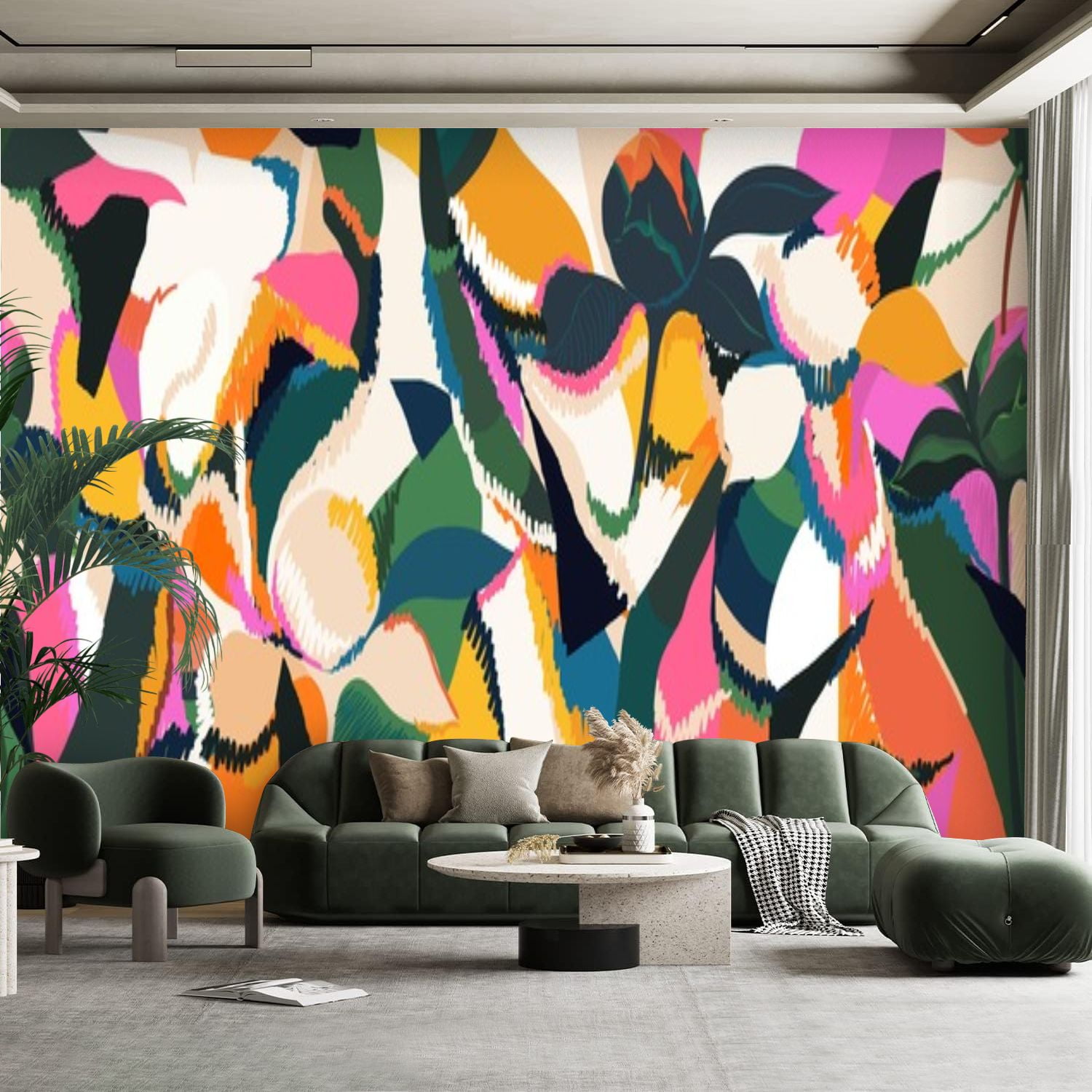 Peel and Stick Canvas Wallpaper Wall Mural Hand drawn floral abstract ...