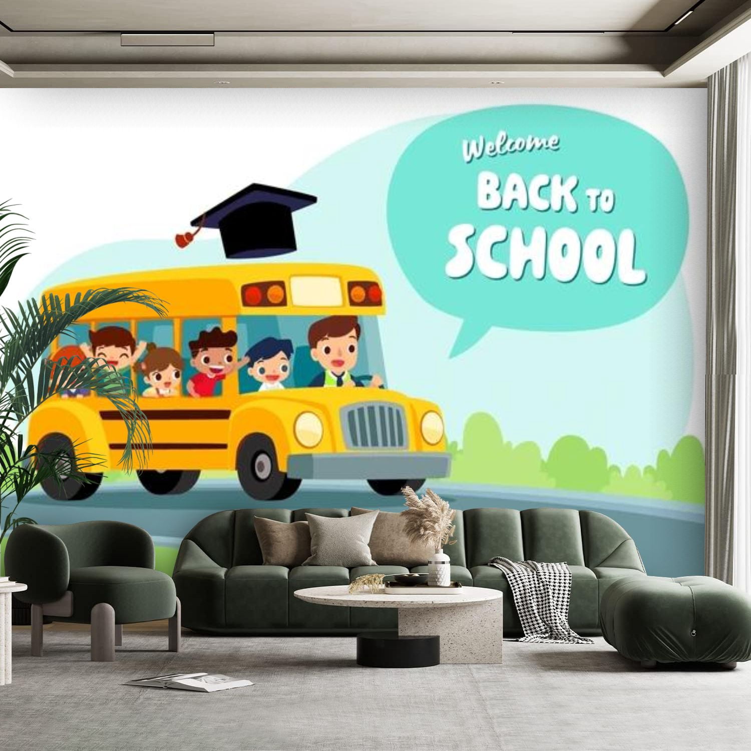 Peel and Stick Canvas Wallpaper Wall Mural Happy kids school bus ...