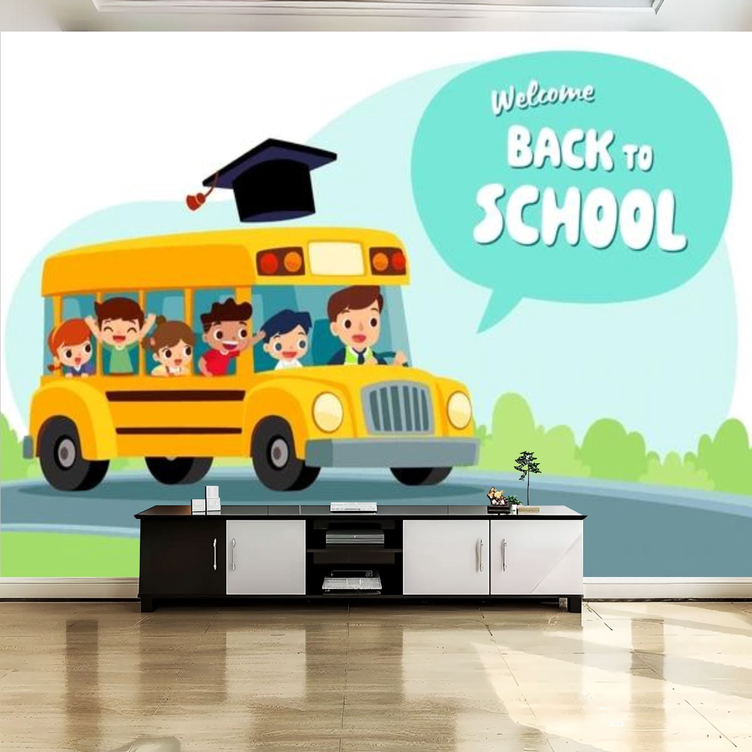 Peel and Stick Canvas Wallpaper Wall Mural Happy kids school bus ...