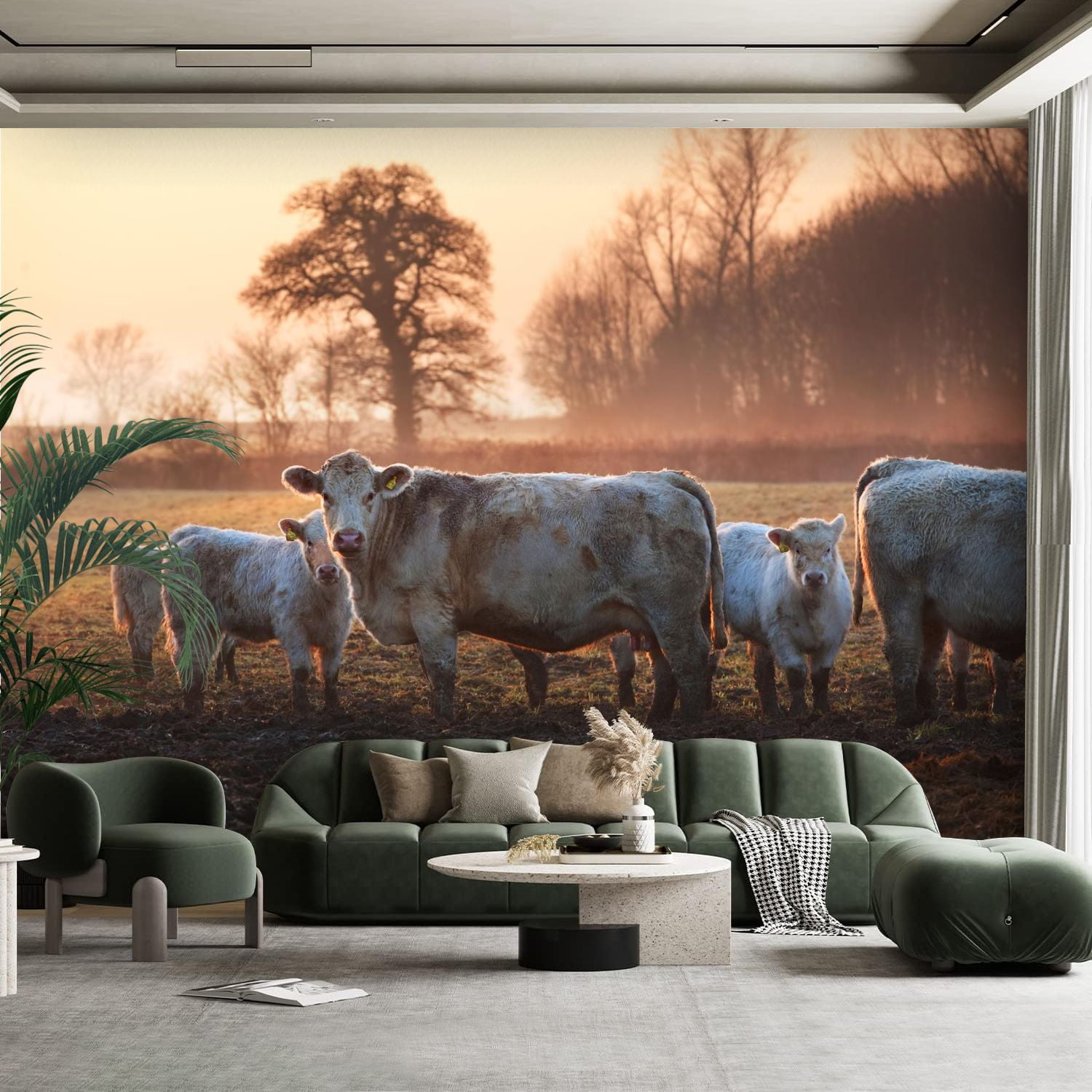 Peel and Stick Canvas Wallpaper Wall Mural Herd cows field sunset ...