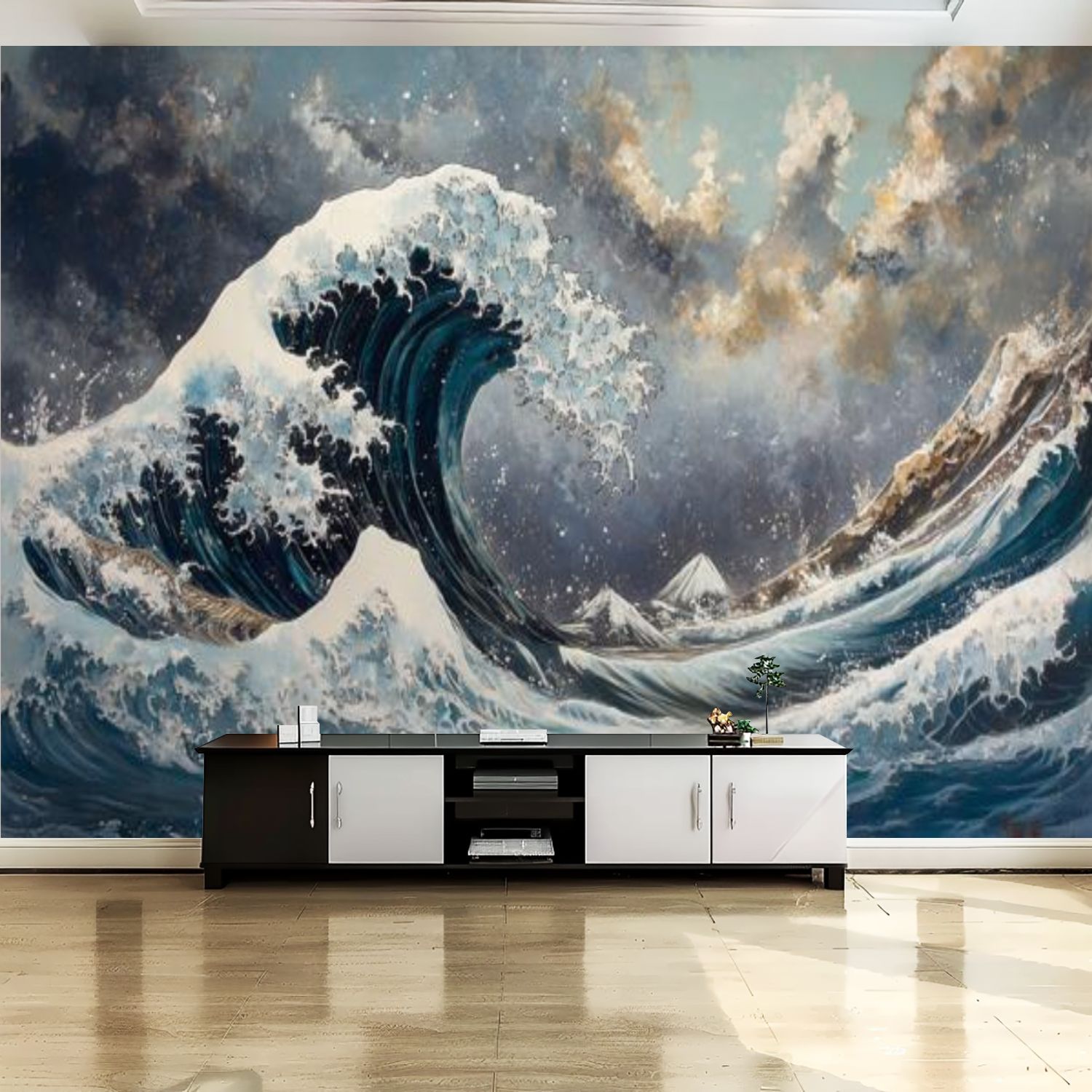 Peel and Stick Canvas Wallpaper Wall Mural Japanese Sea Wave Blue White ...
