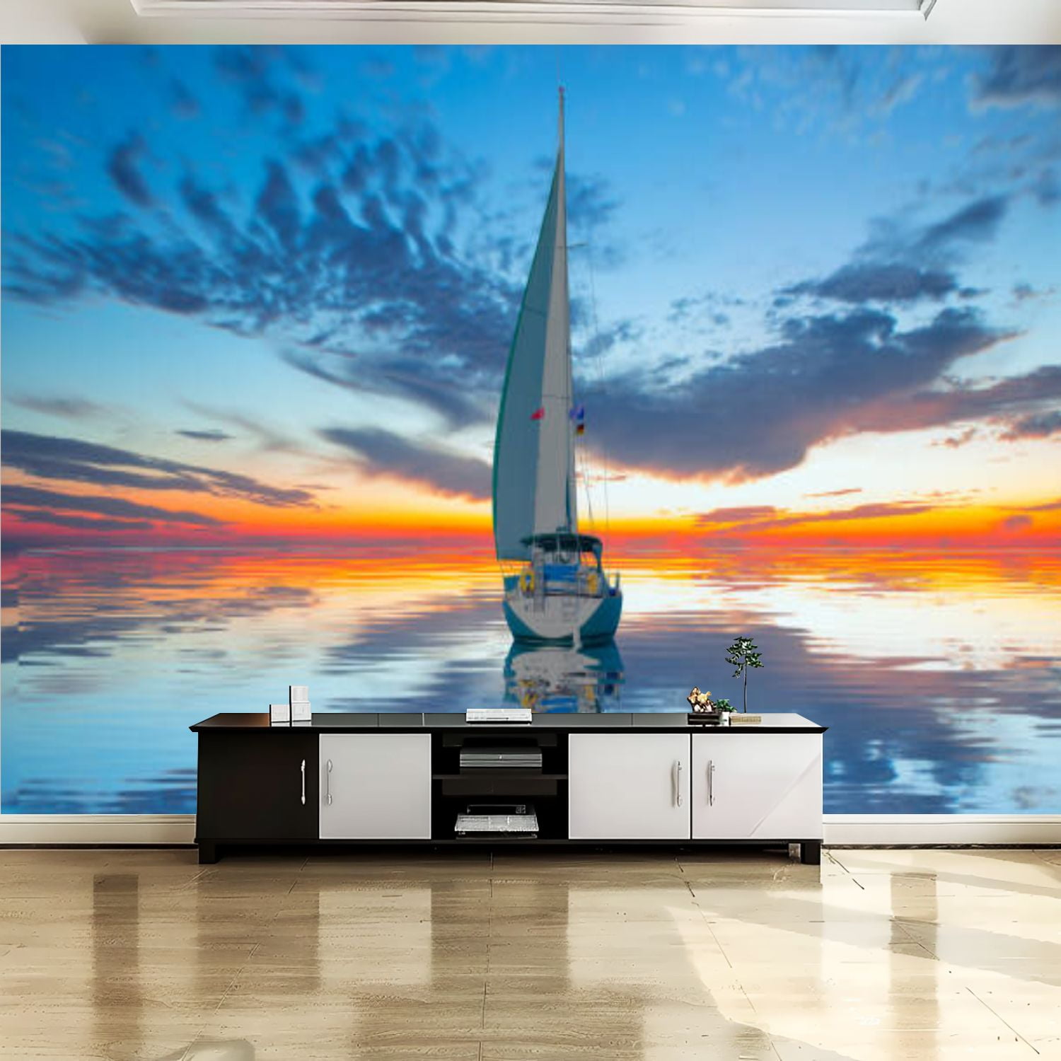 Peel and Stick Canvas Wallpaper Wall Mural Lonely yacht sailing ...