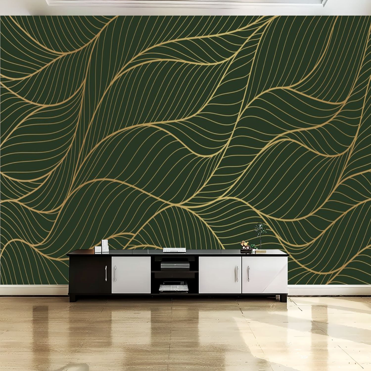 Peel and Stick Canvas Wallpaper Wall Mural Luxury golden emerald ...