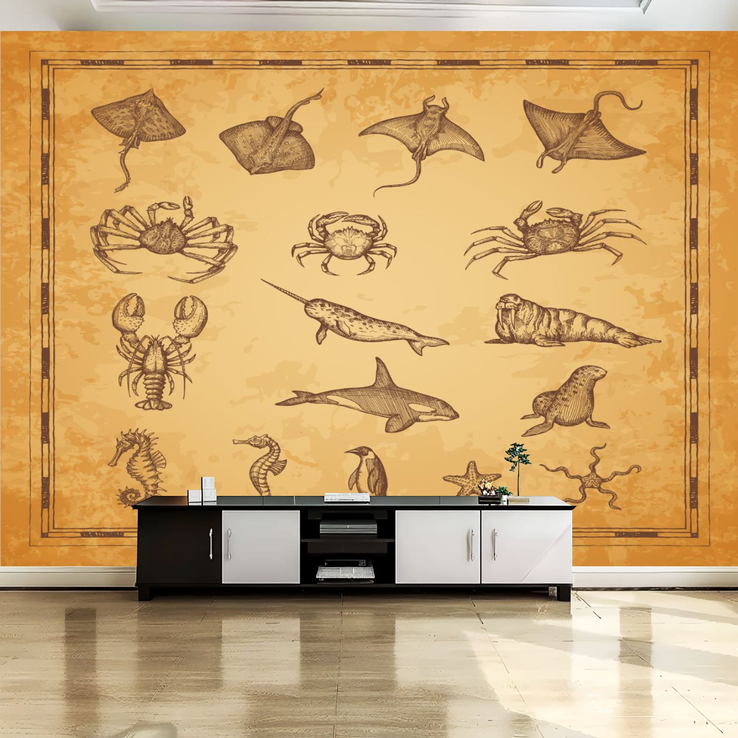 Peel and Stick Canvas Wallpaper Wall Mural Manta ray crab lobster ...