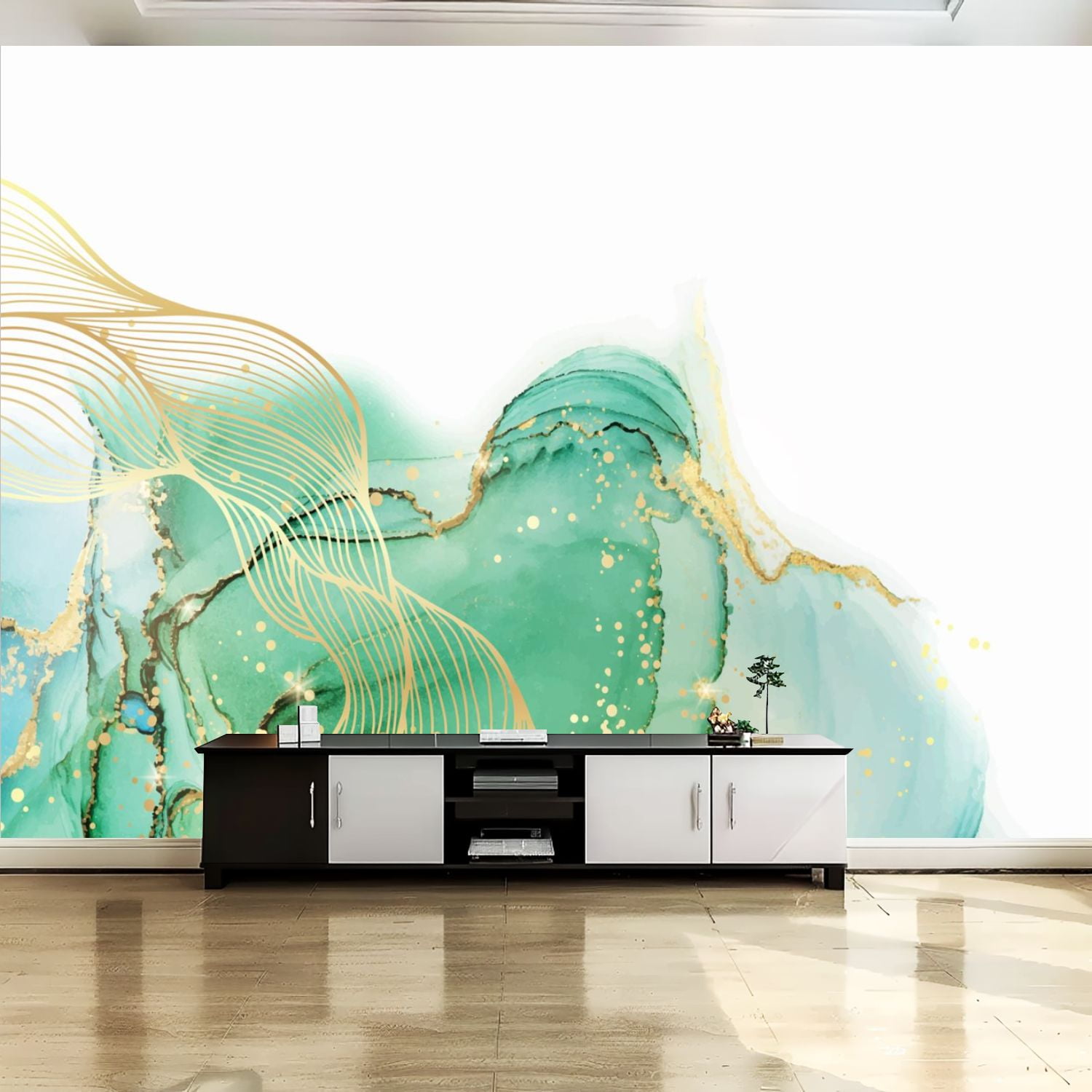 Peel and Stick Canvas Wallpaper Wall Mural Marble green liquid ...