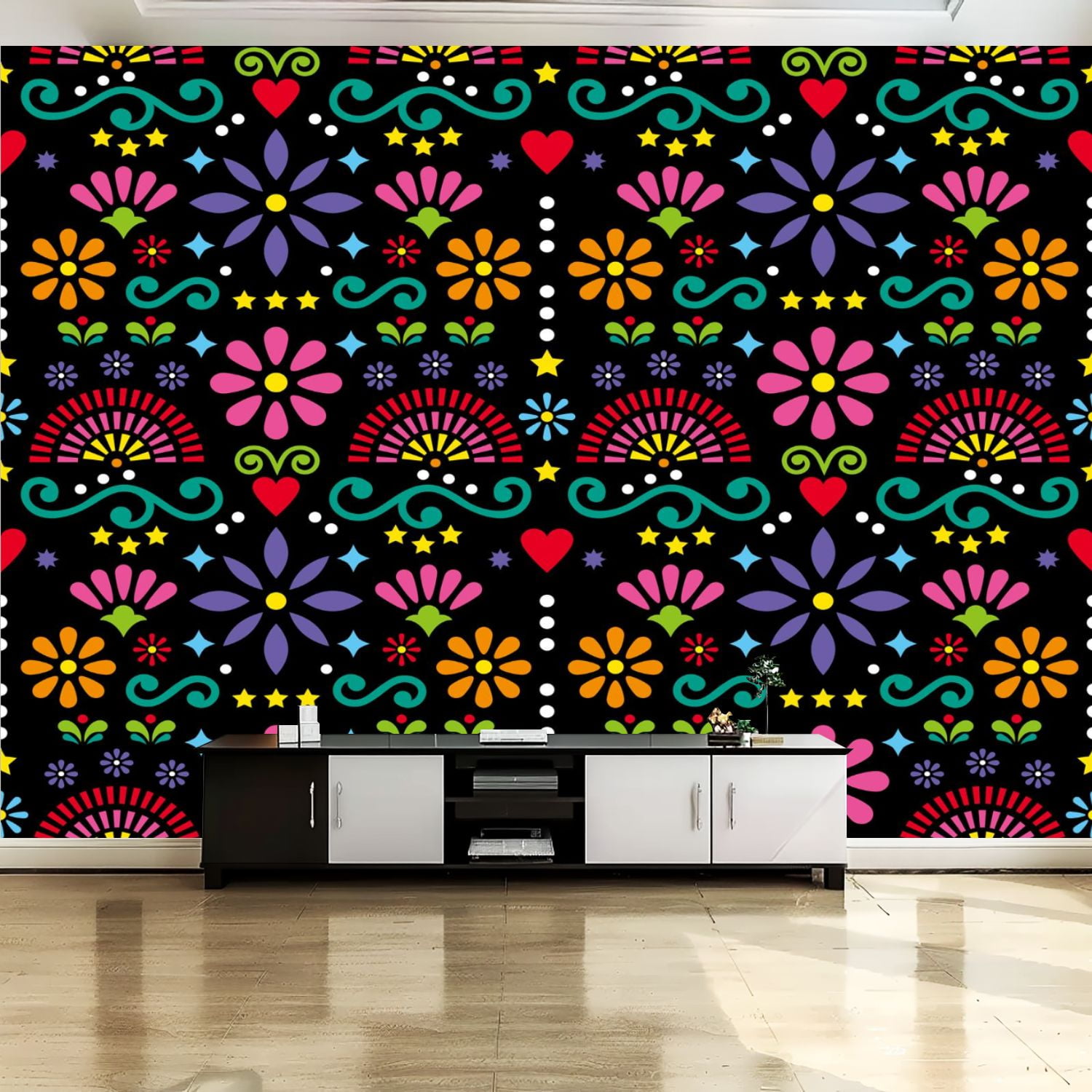 Peel and Stick Canvas Wallpaper Wall Mural Mexican folk art seamless ...