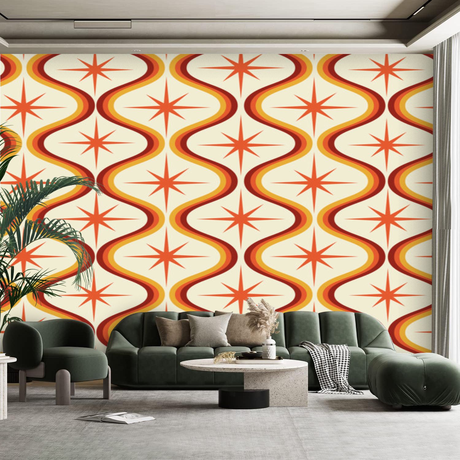 Peel and Stick Canvas Wallpaper Wall Mural Mid century modern orange ...