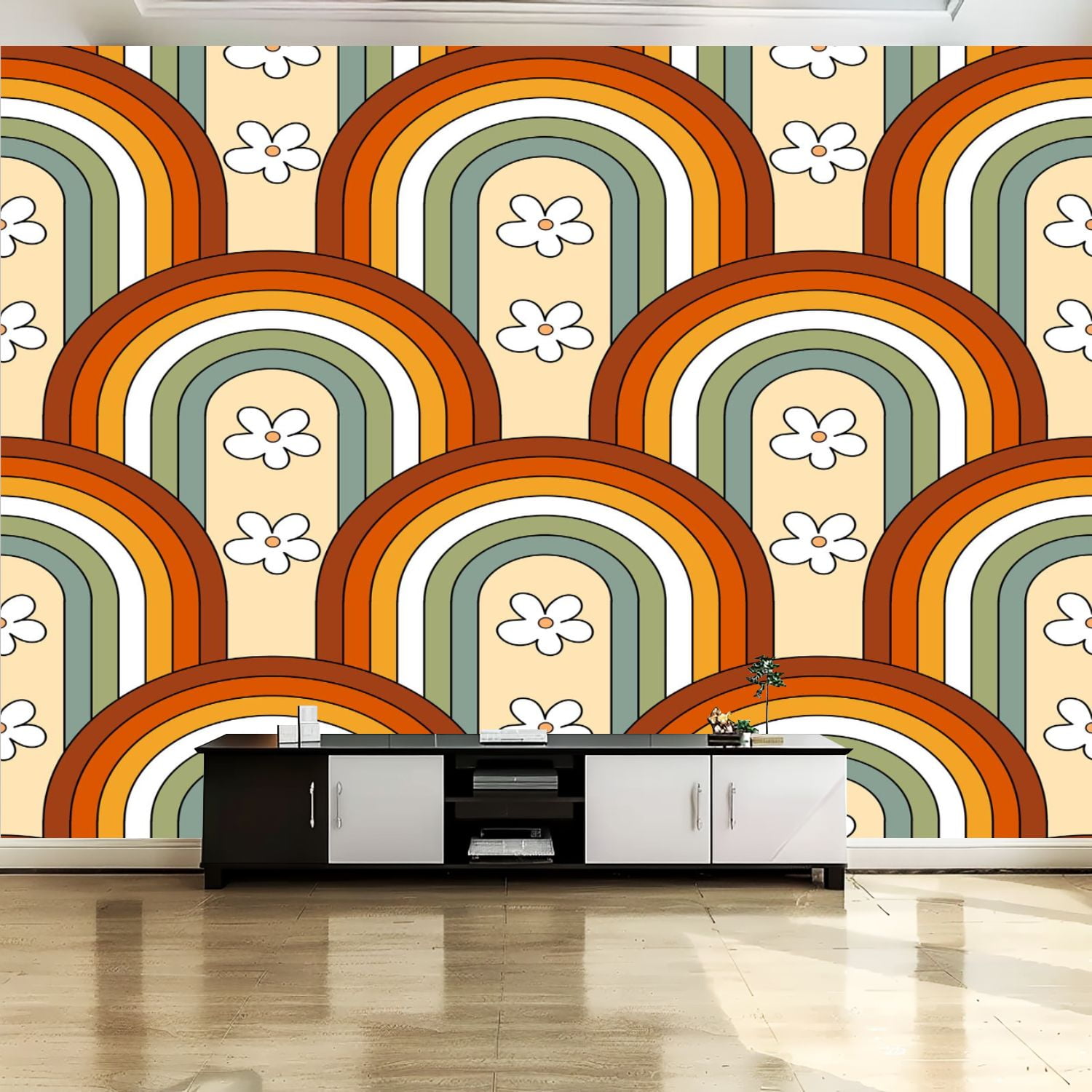 Peel and Stick Canvas Wallpaper Wall Mural Mid century rainbow pattern ...