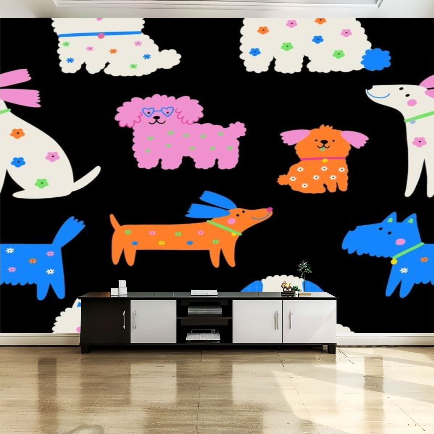 Peel and Stick Canvas Wallpaper Wall Mural Multicolor cute dogs ...