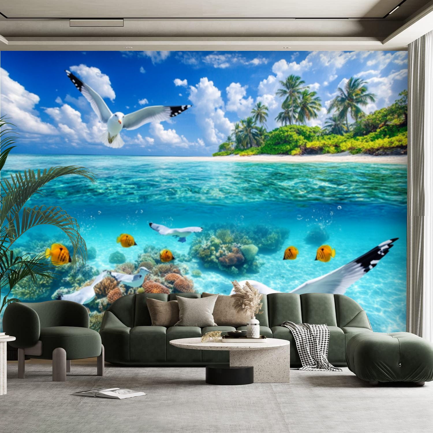 Peel and Stick Canvas Wallpaper Wall Mural Ocean White Gull Dolphin ...