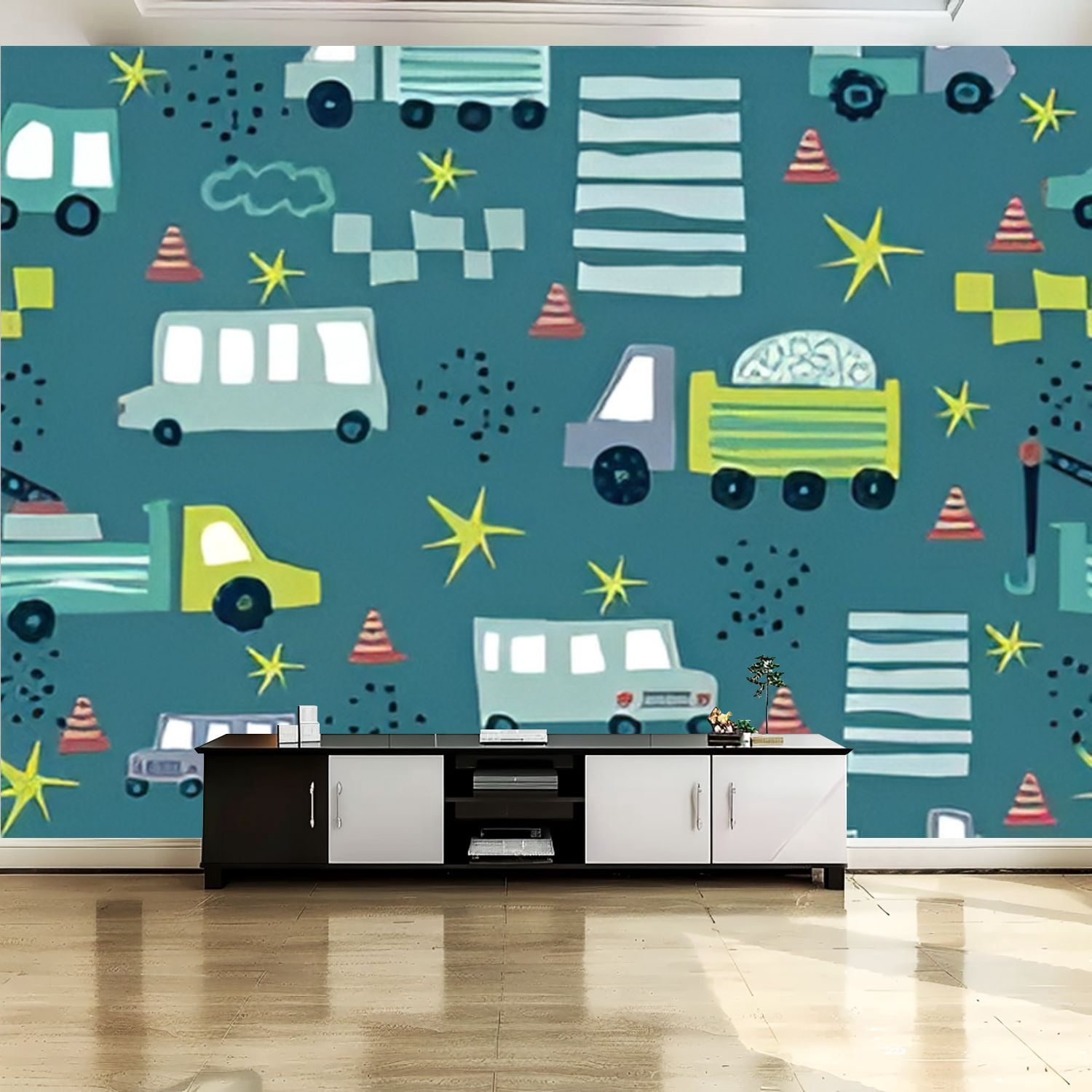 Peel and Stick Canvas Wallpaper Wall Mural Original hand drawn cars are ...