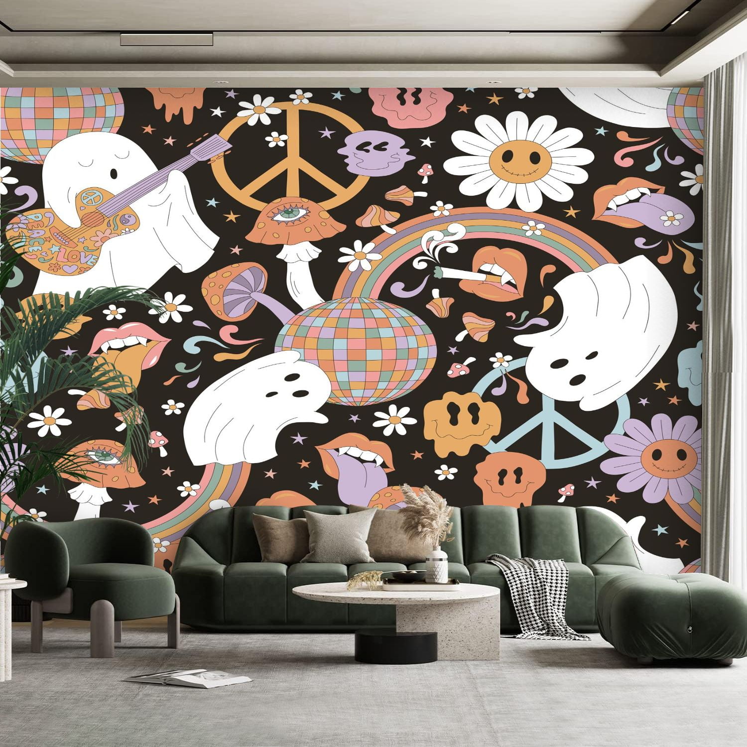 Peel and Stick Canvas Wallpaper Wall Mural Retro 70s 60s Hippie ...