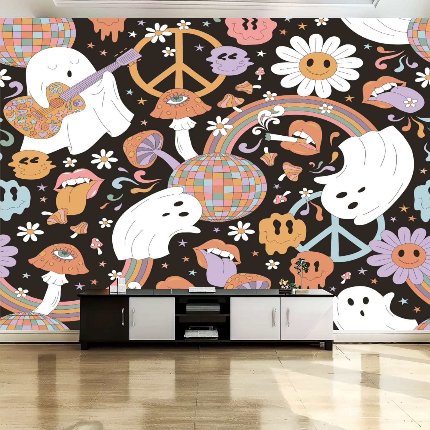 Peel and Stick Canvas Wallpaper Wall Mural Retro 70s 60s Hippie ...