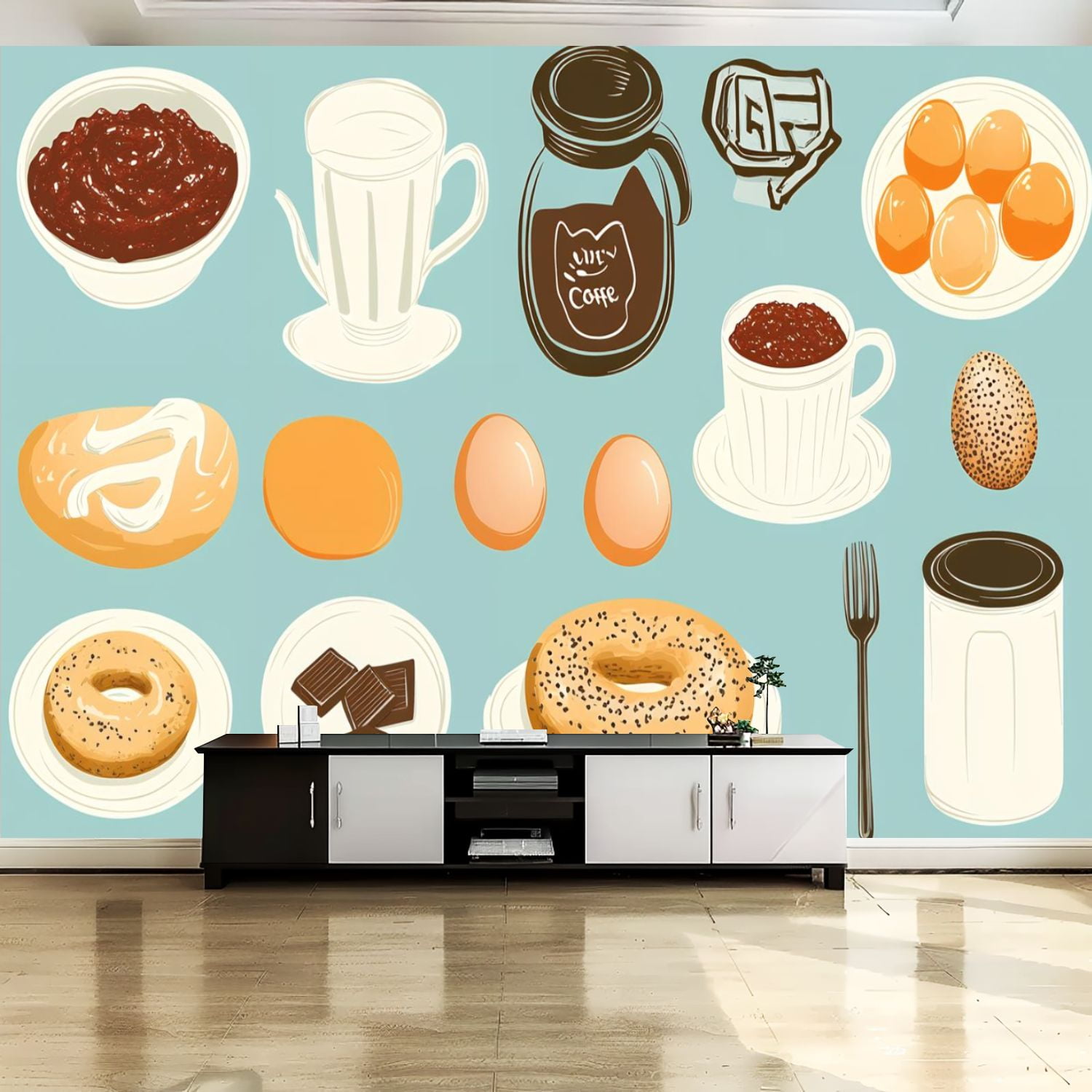 Peel and Stick Canvas Wallpaper Wall Mural Retro Breakfast Eggs Jam ...