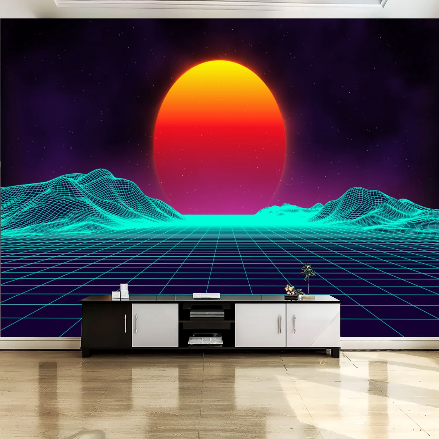 Peel and Stick Canvas Wallpaper Wall Mural Retro landscape 1980s style ...