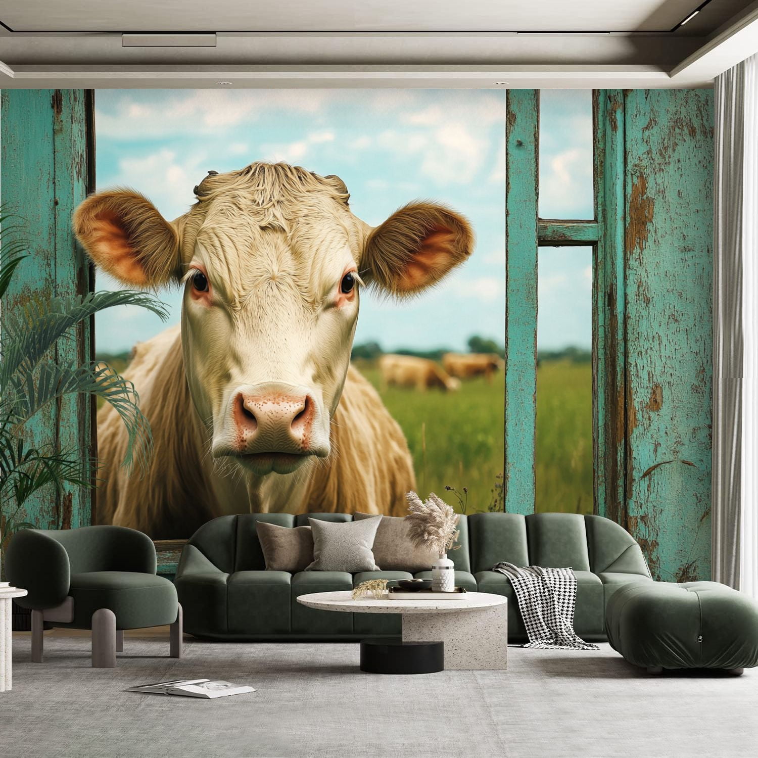 Peel and Stick Canvas Wallpaper Wall Mural Rustic Cow Funny Cows Window ...