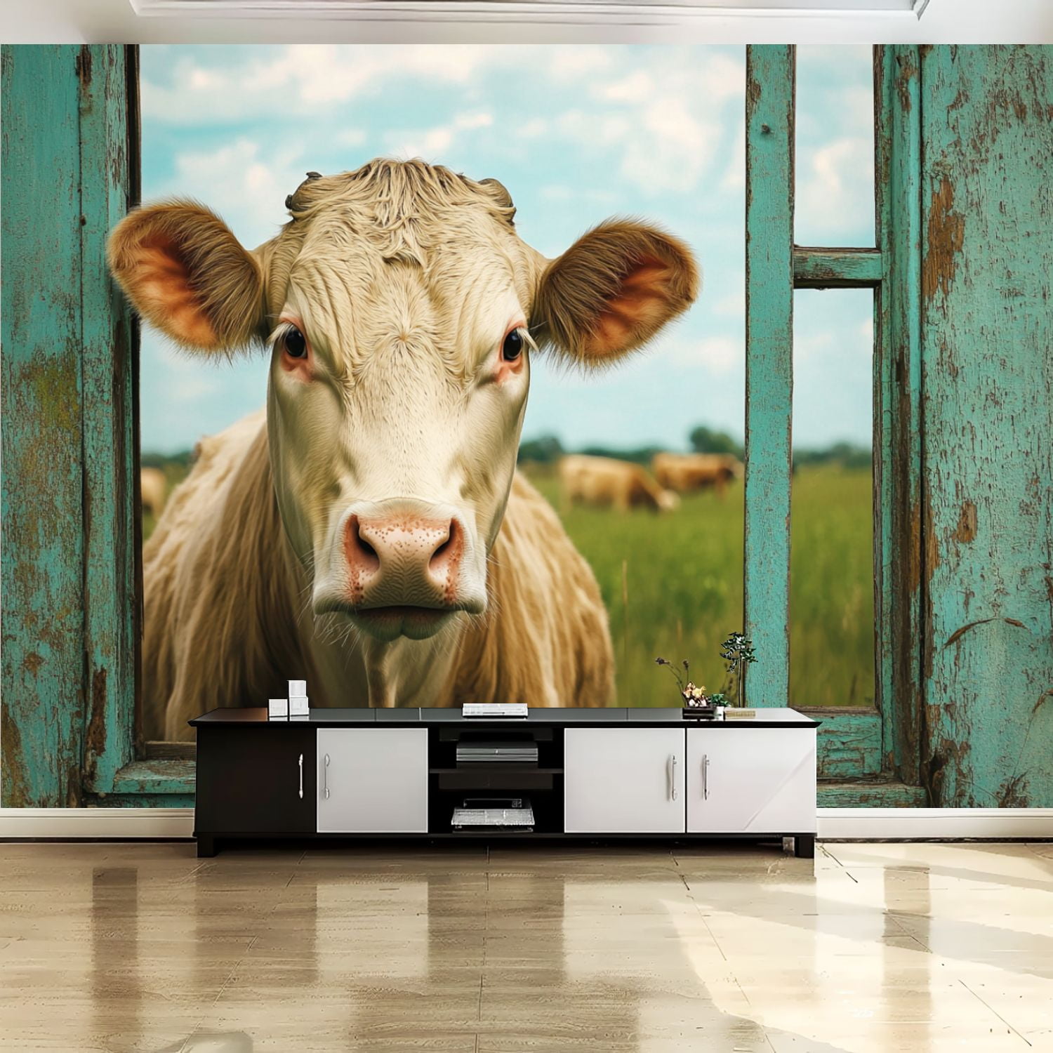 Peel and Stick Canvas Wallpaper Wall Mural Rustic Cow Funny Cows Window ...
