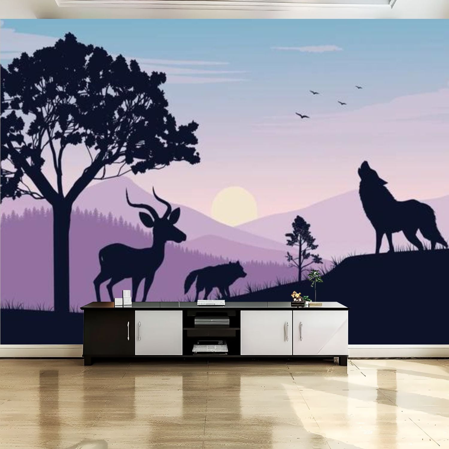 Peel and Stick Canvas Wallpaper Wall Mural Scenic Silhouette Sunset ...