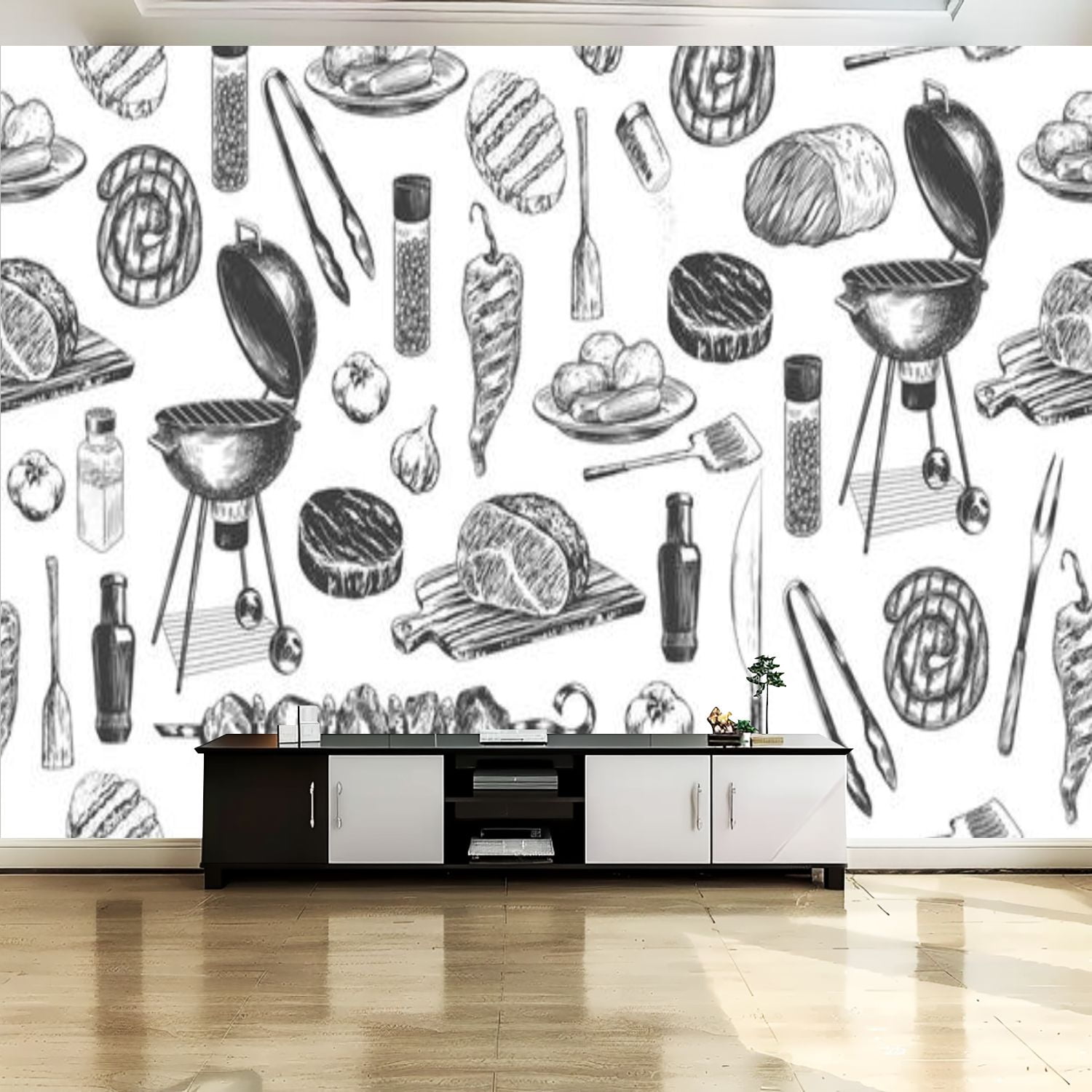 Peel and Stick Canvas Wallpaper Wall Mural Seamless grilled meat bbq ...