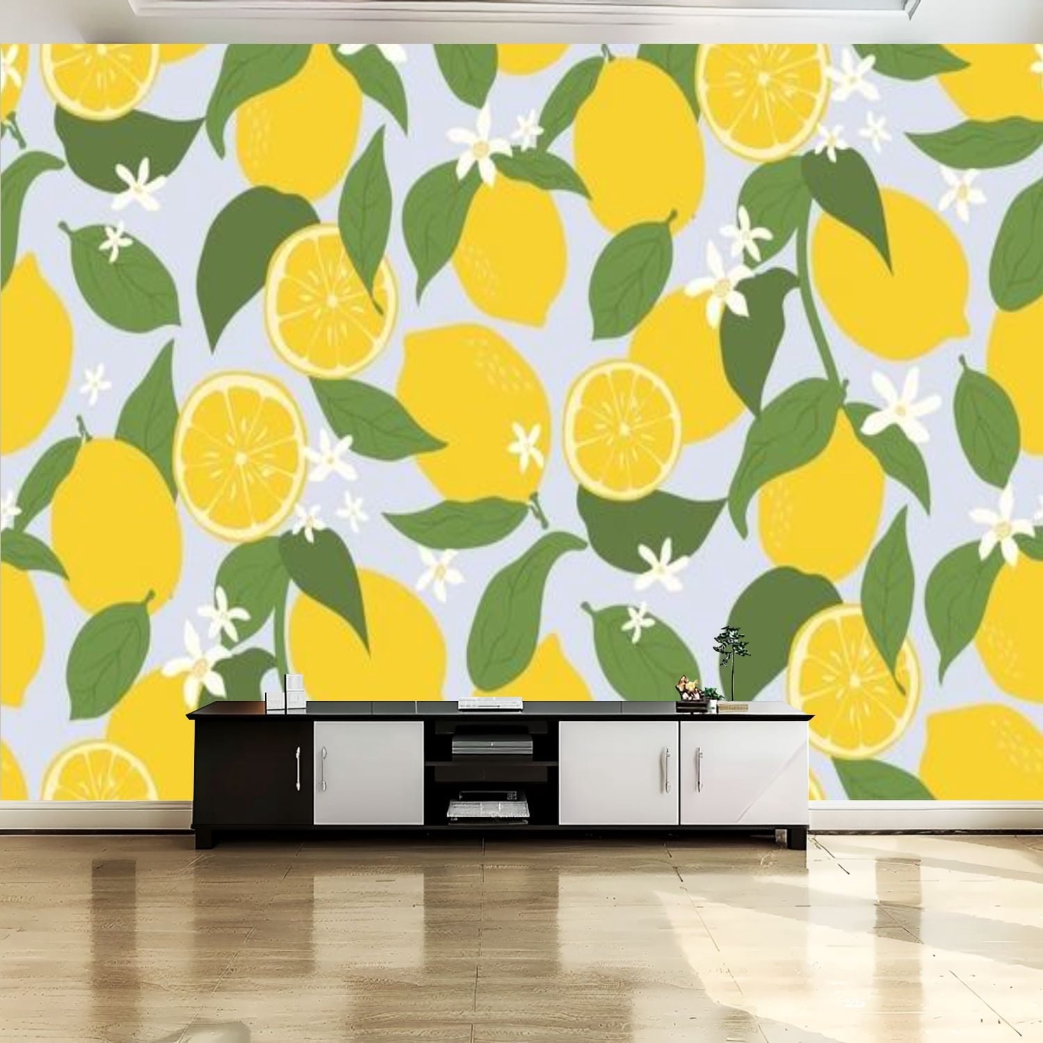 Peel and Stick Canvas Wallpaper Wall Mural Seamless lemons leaves blue ...