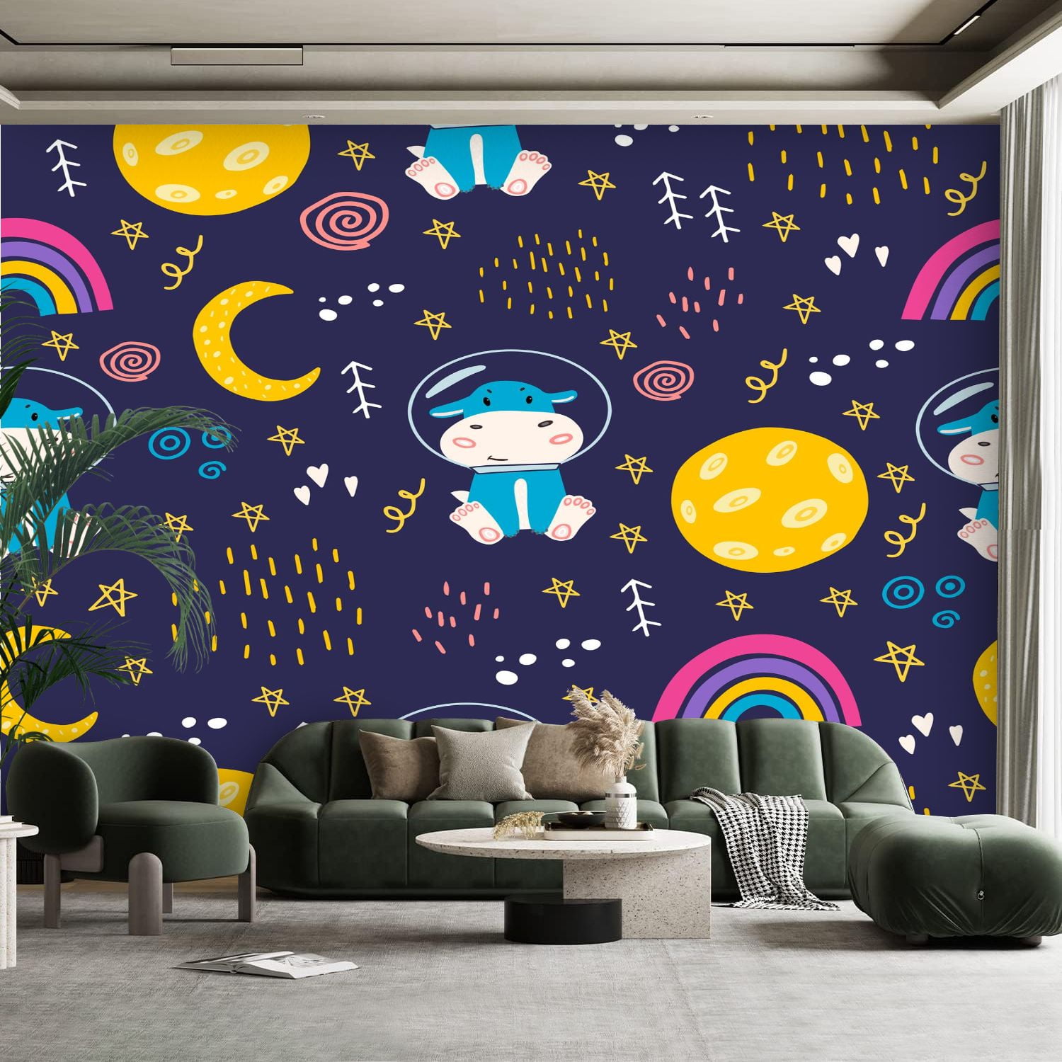 Peel and Stick Canvas Wallpaper Wall Mural Seamless pattern hippo moon ...