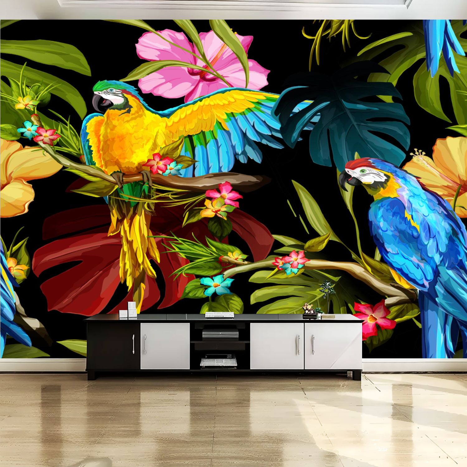 Peel and Stick Canvas Wallpaper Wall Mural Seamless pattern parrots ...