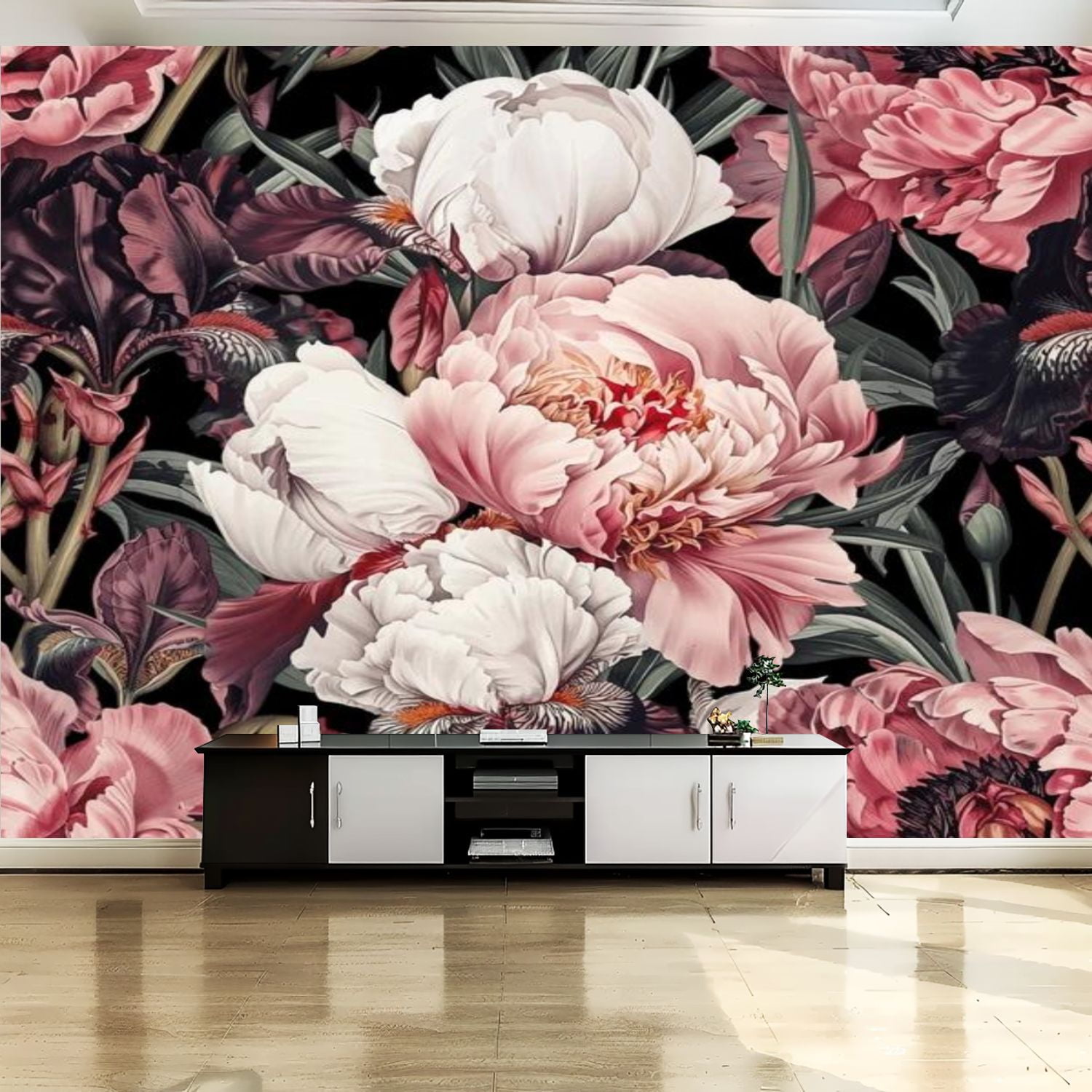 Peel and Stick Canvas Wallpaper Wall Mural Seamless pattern peony iris flowers changeable ...