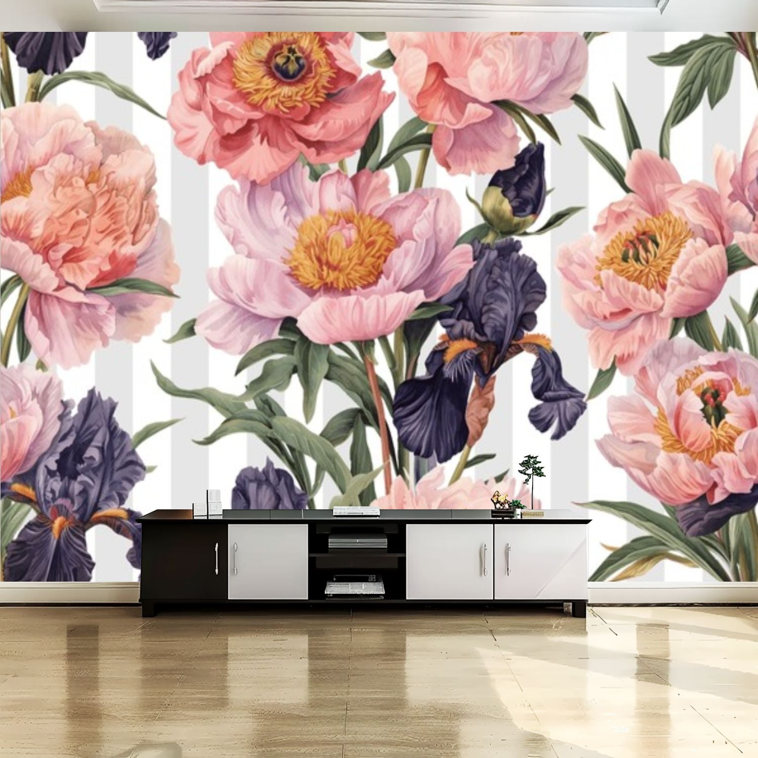 Peel and Stick Canvas Wallpaper Wall Mural Seamless pattern peony iris flowers changeable white ...