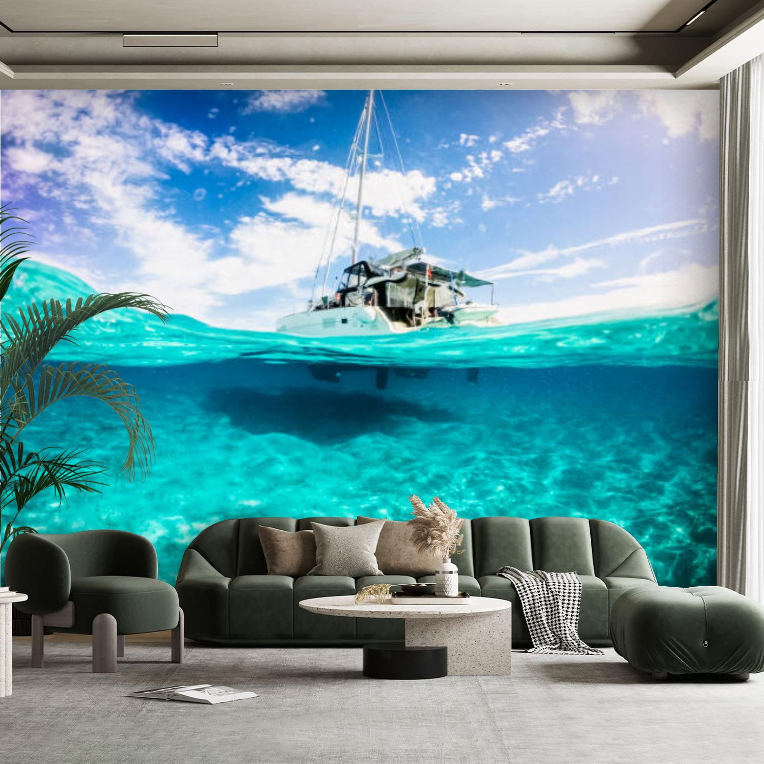 Peel and Stick Canvas Wallpaper Wall Mural Semi underwater picture Catamaran Anchored turquoise ...