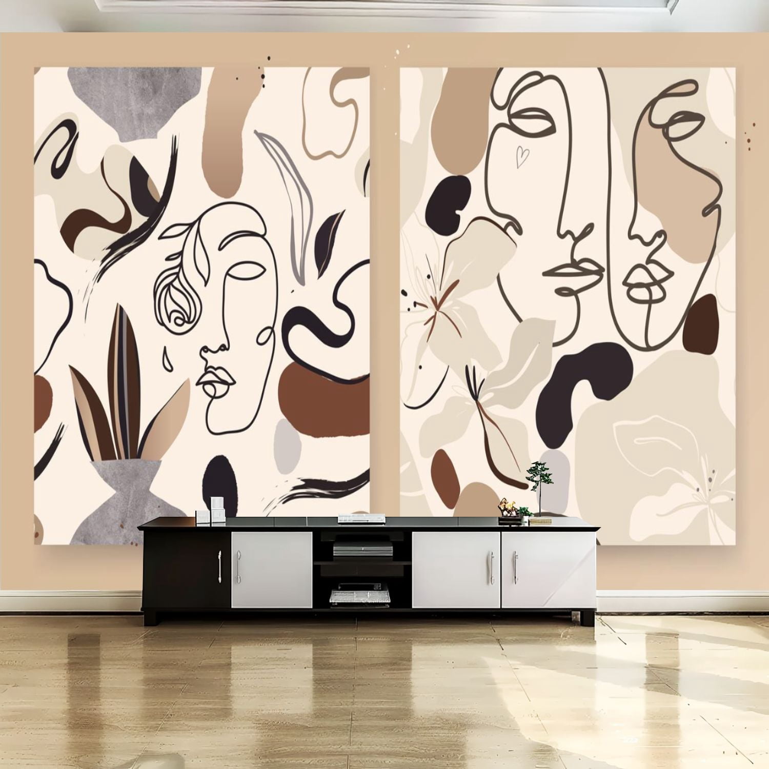 Peel and Stick Canvas Wallpaper Wall Mural Set continuous line drawing ...