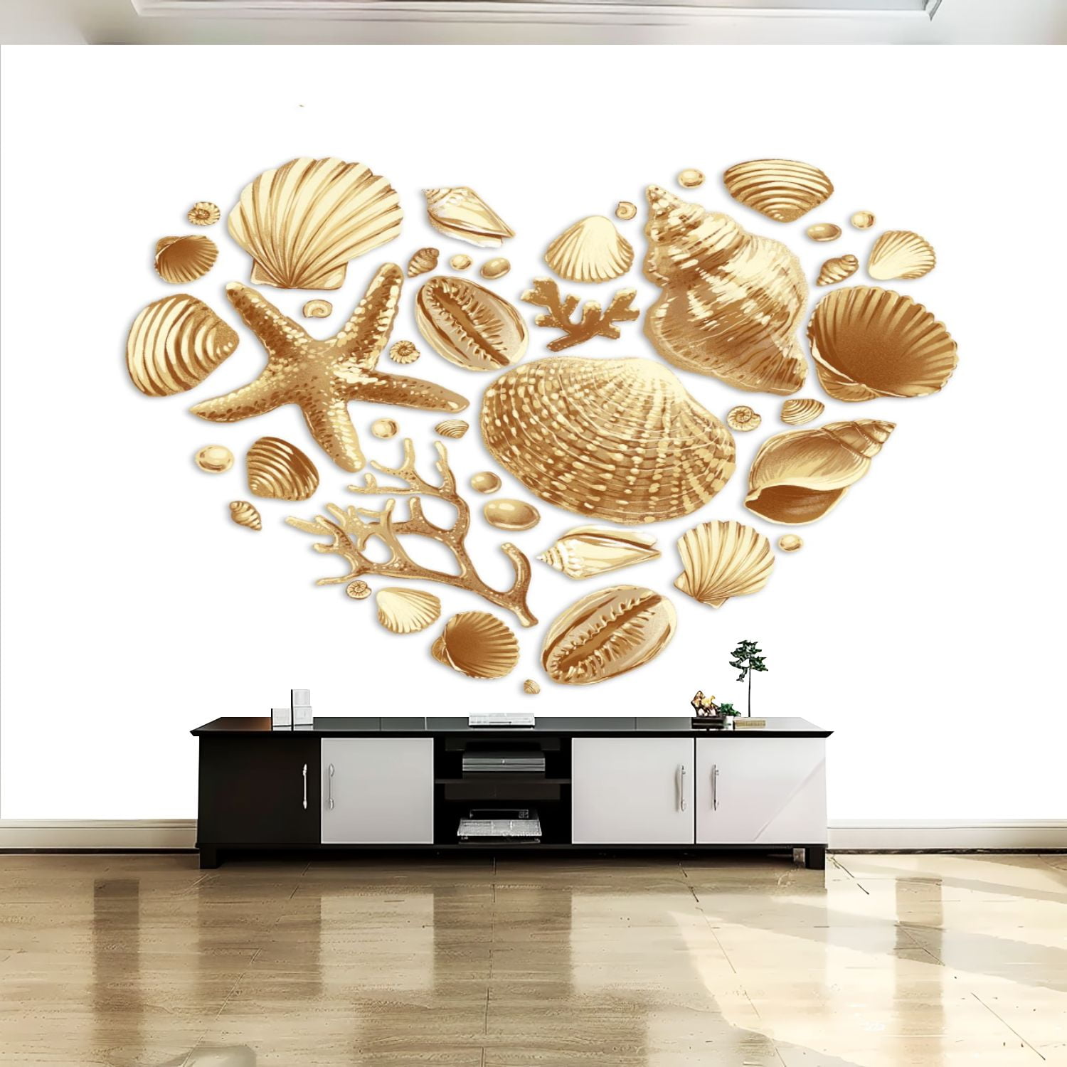 Peel and Stick Canvas Wallpaper Wall Mural Set gold seashells starfish ...