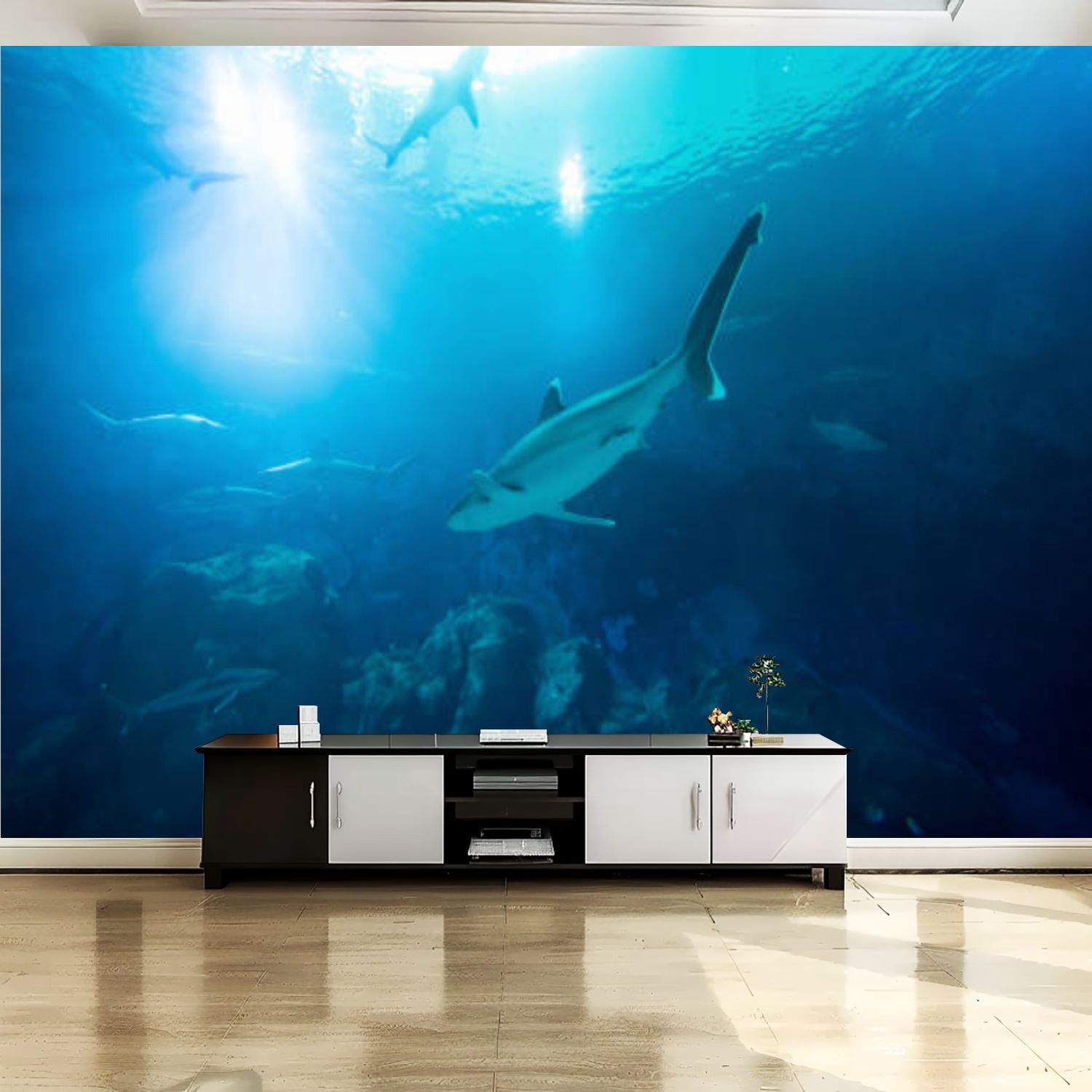Peel and Stick Canvas Wallpaper Wall Mural Shark ocean Coral reef ...