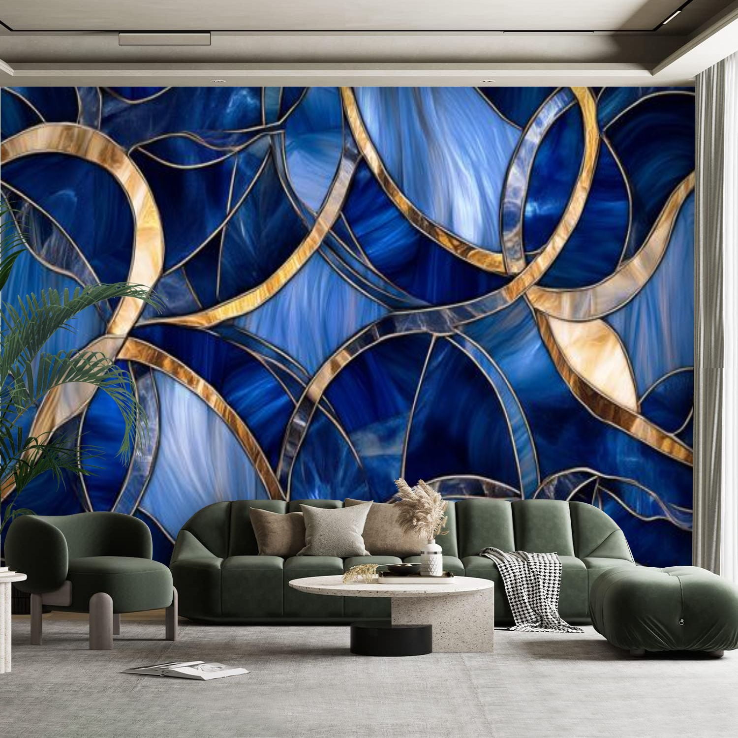 Peel and Stick Canvas Wallpaper Wall Mural Stained Glass Cobalt Blue ...